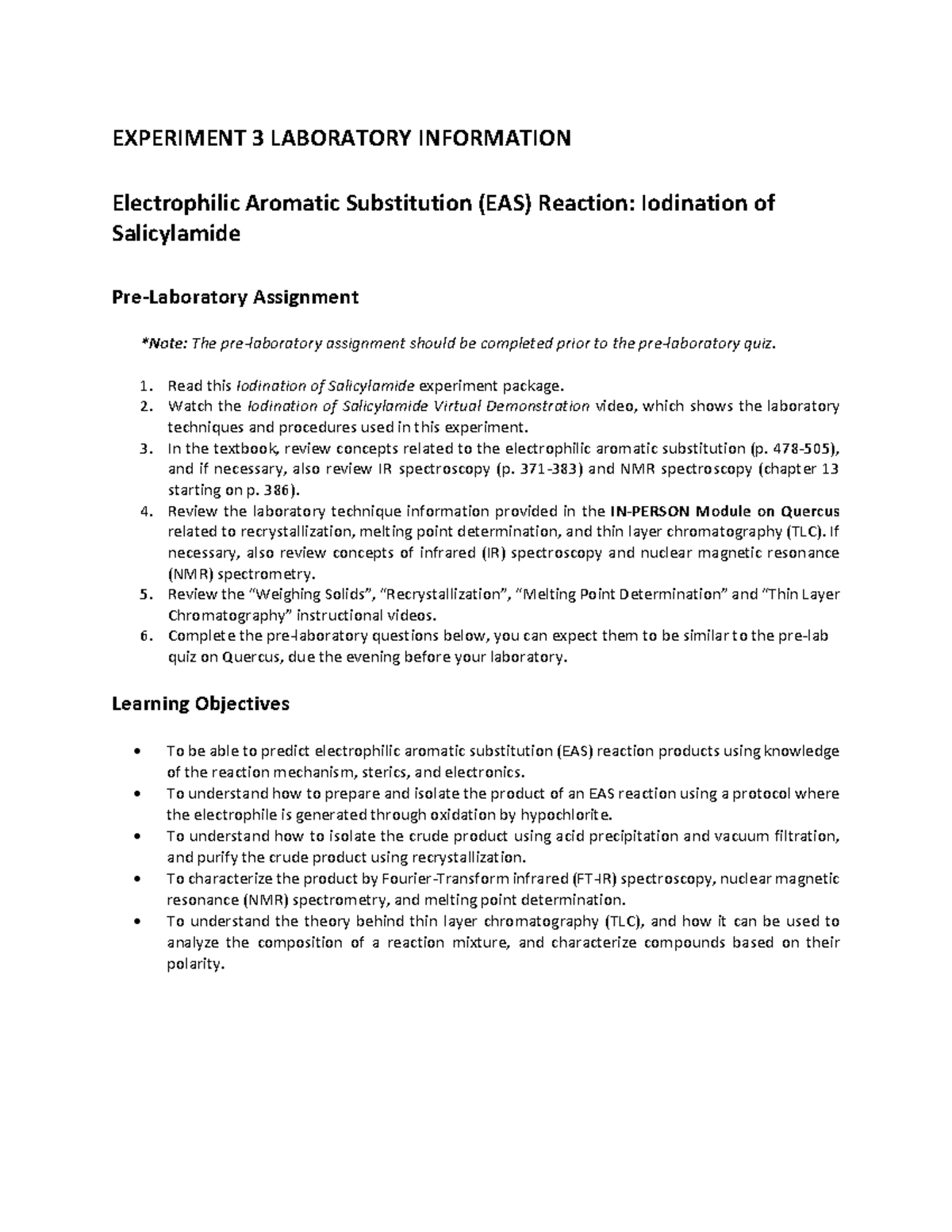 Exp. 4 EAS Iodination of Salicylamide Information - EXPERIMENT 3 ...