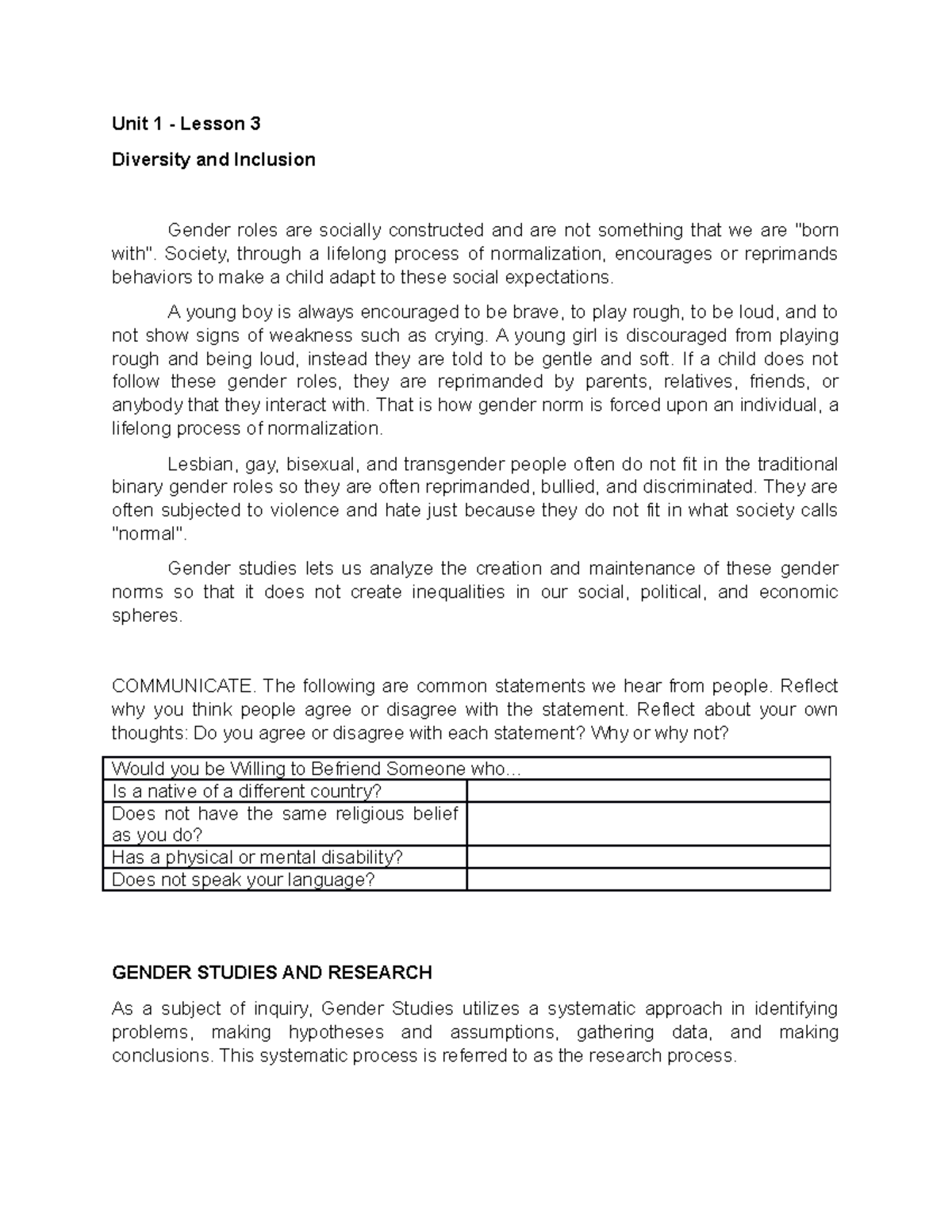 Gender Studies and Research - Unit 1 - Lesson 3 Diversity and Inclusion ...
