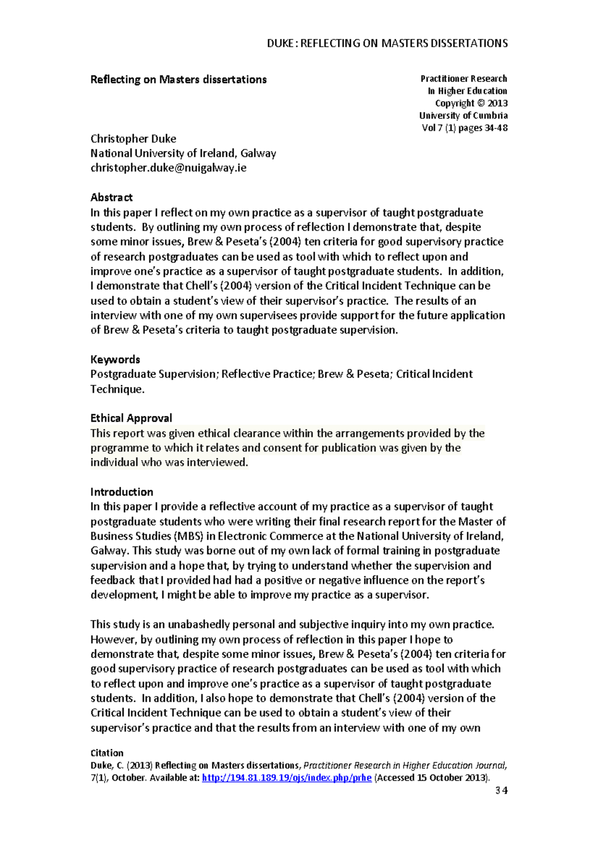 Industrial Placement reflection - Citation Duke, C. (2013) Reflecting ...