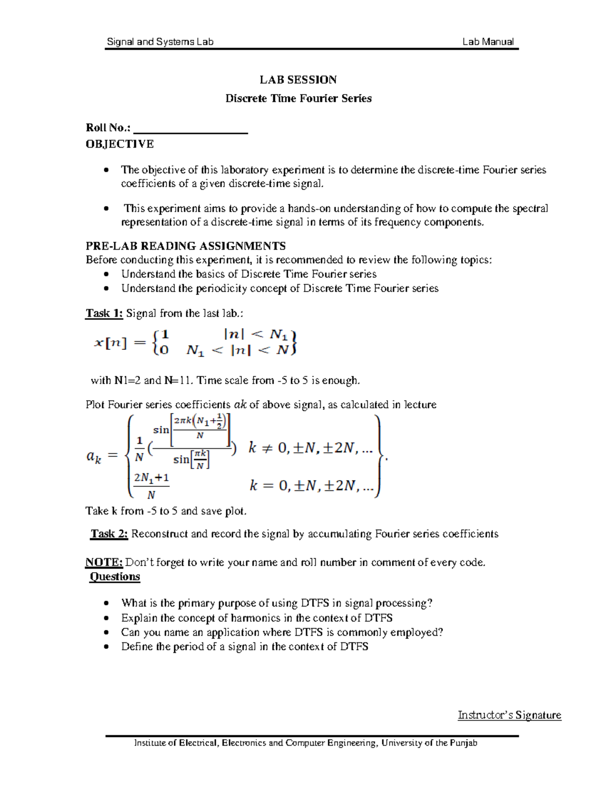 Lab session 11 - Summary FS.c Pre-Engineering - Signal and Systems Lab Lab Manual Institute of ...