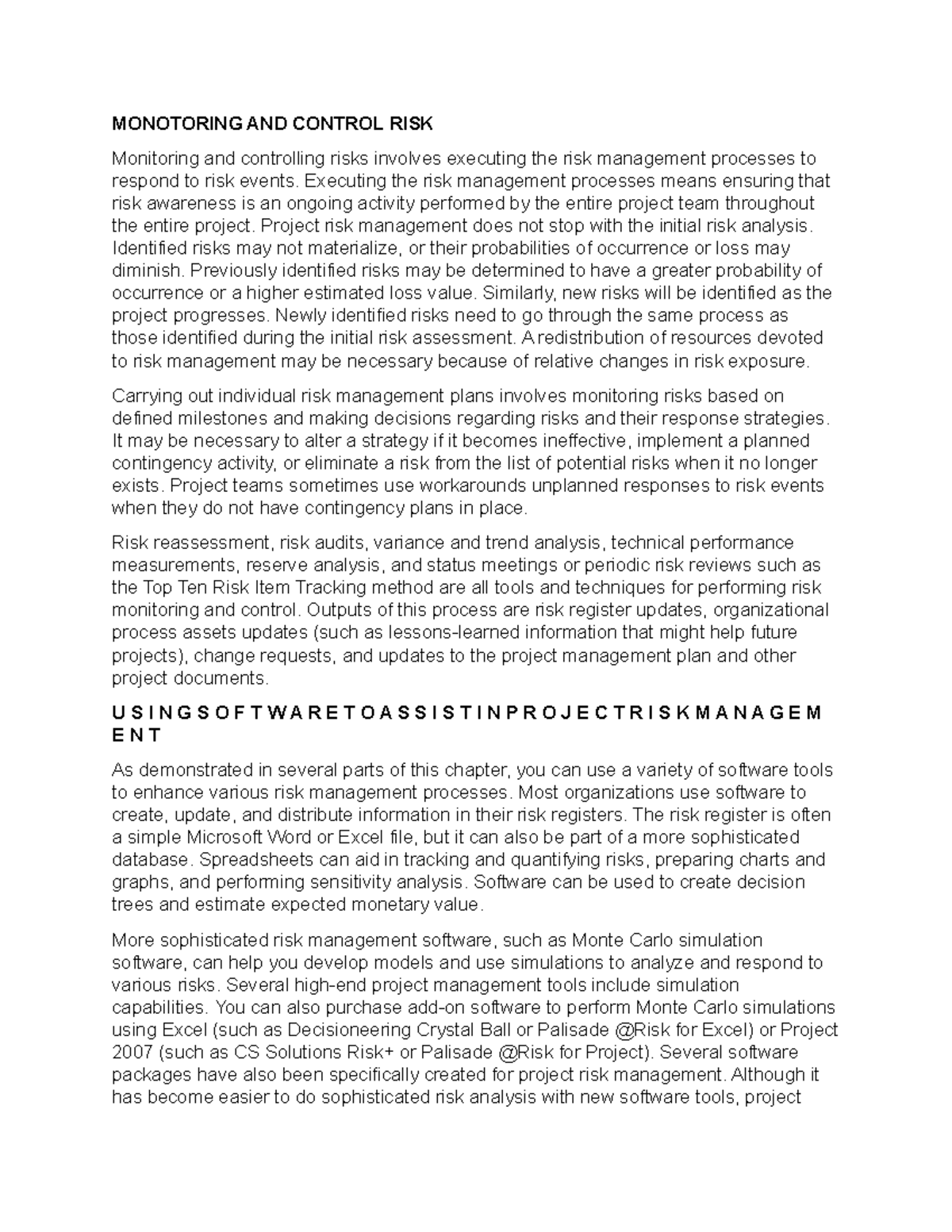 Monotoring AND Control RISK - MONOTORING AND CONTROL RISK Monitoring ...