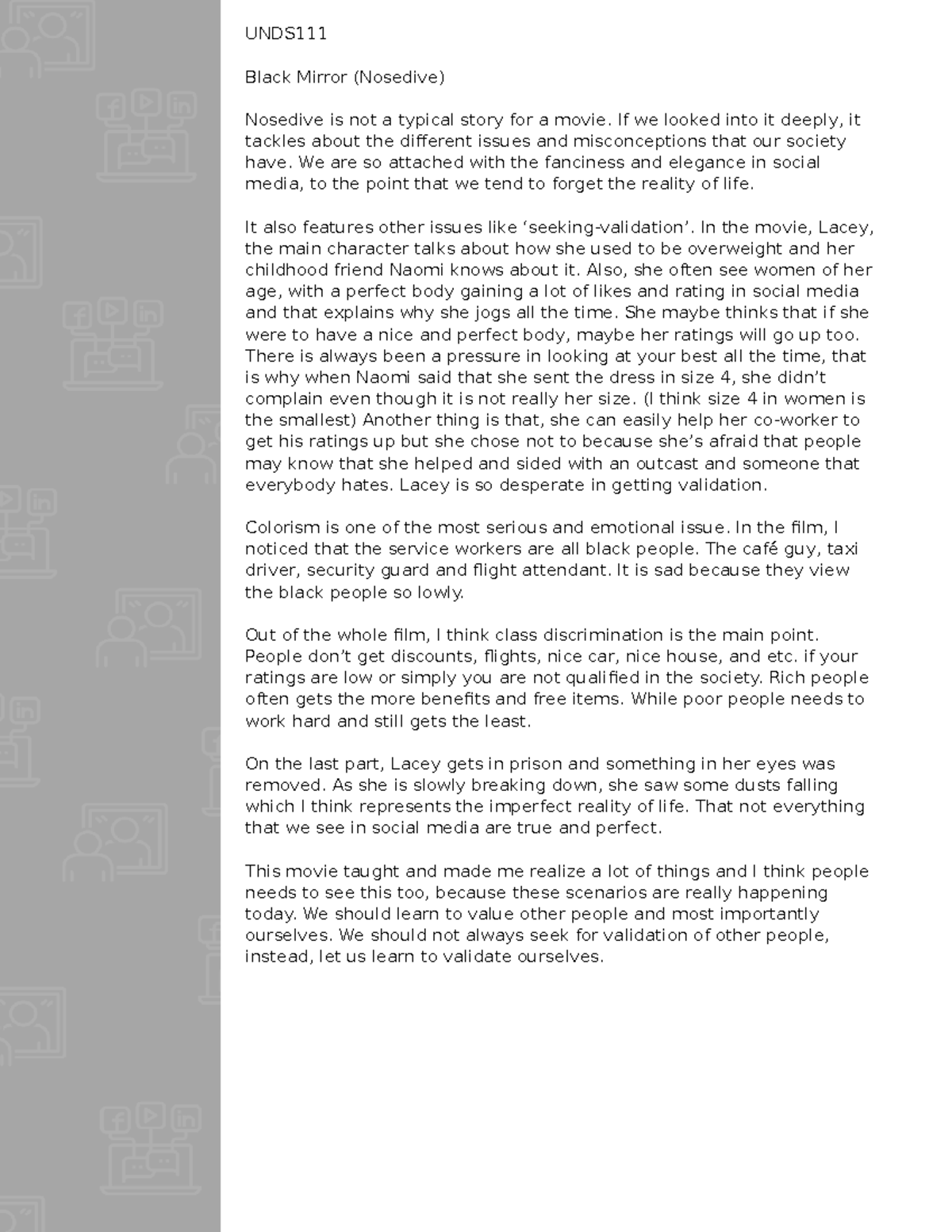 Black Mirror - Nose Dive Reaction Paper - UNDS Black Mirror (Nosedive ...