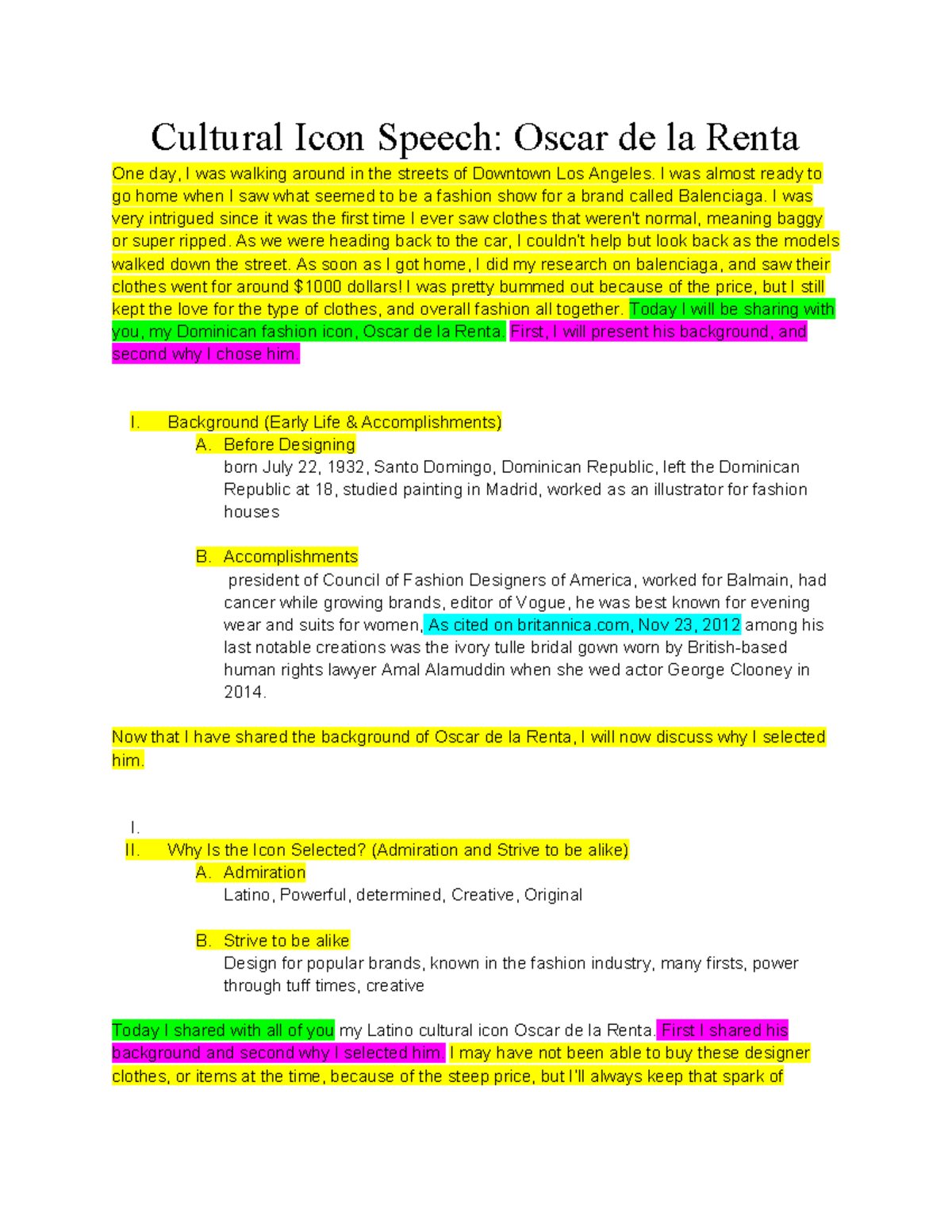 Cultural Icon Speech Final Draft - Cultural Icon Speech: Oscar de la ...