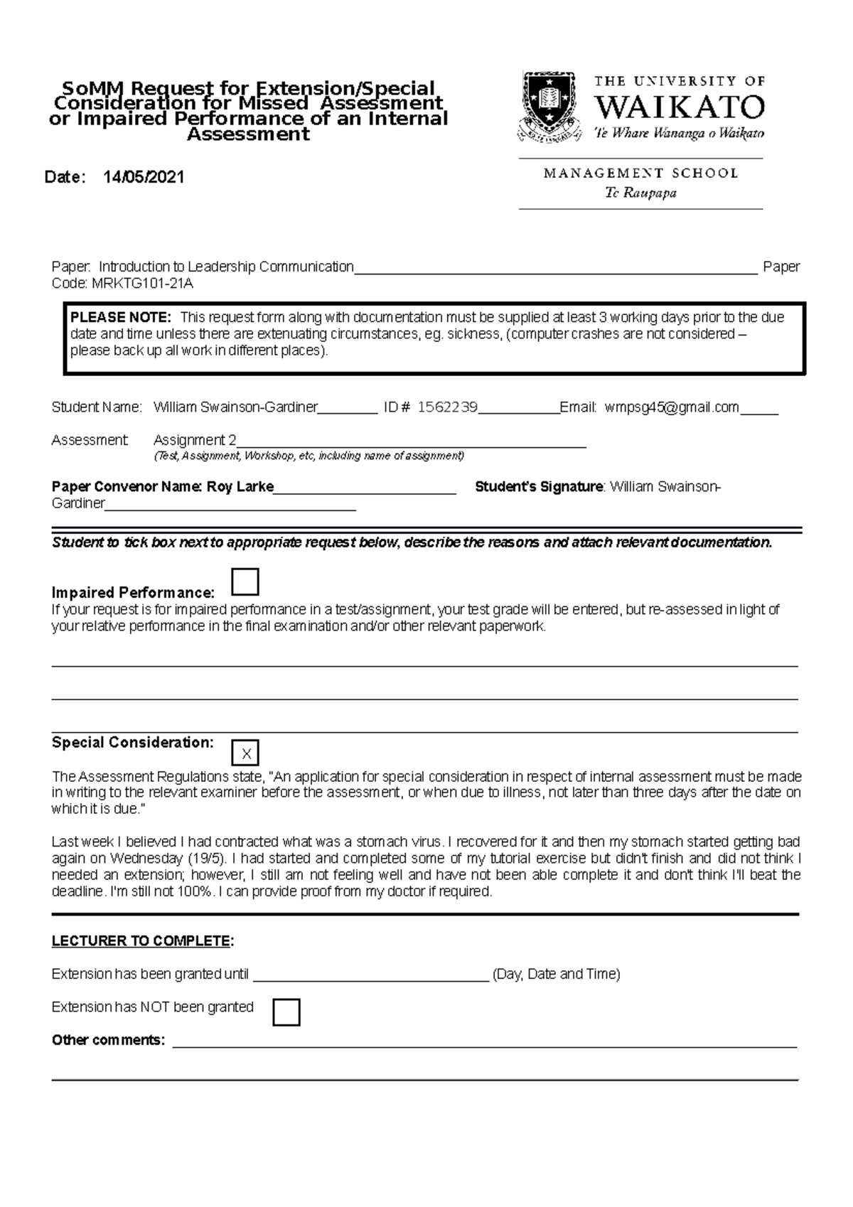 Extension Request Form - Consideration for Missed AssessmentSoMM ...