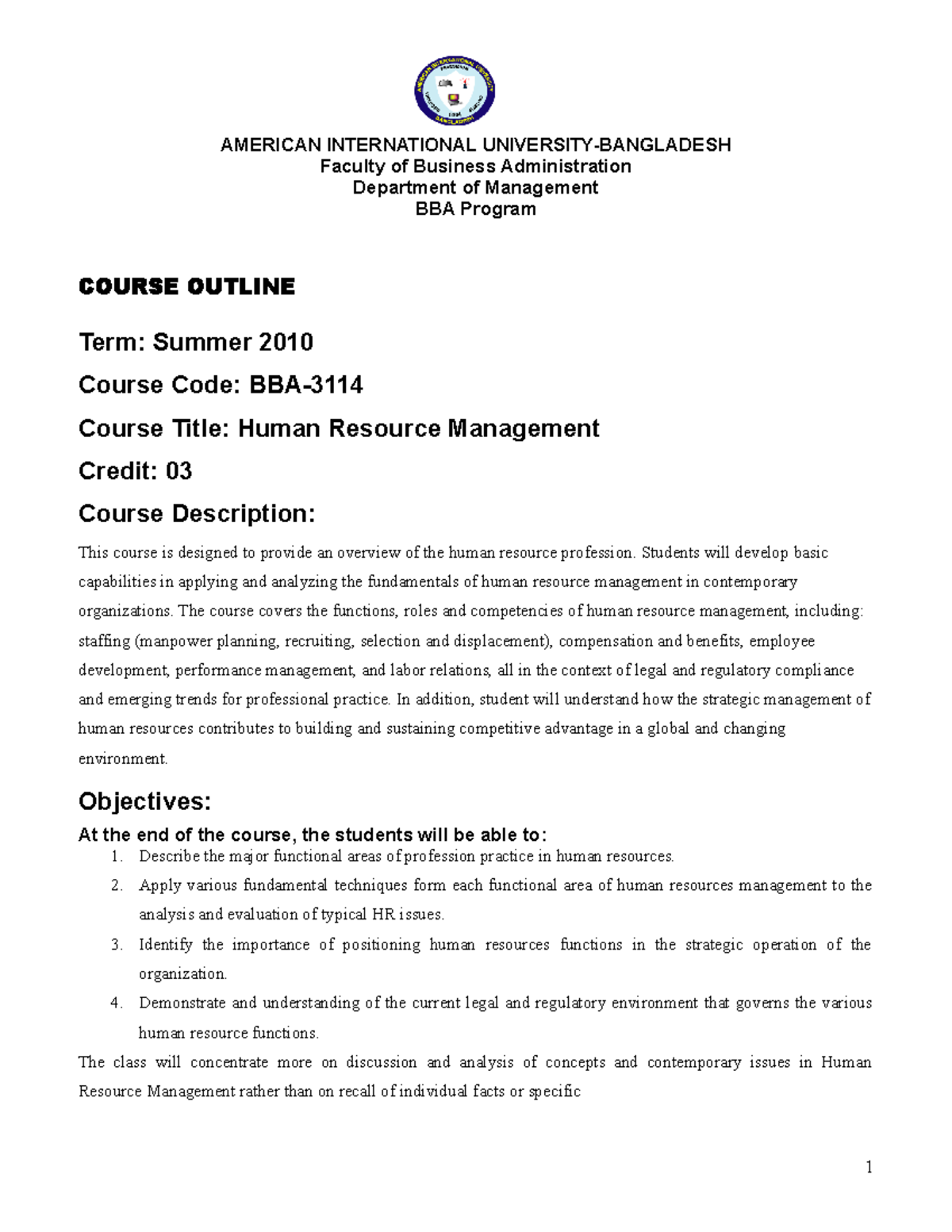 Course Outline of HRM- samia shabnaz - AMERICAN INTERNATIONAL ...