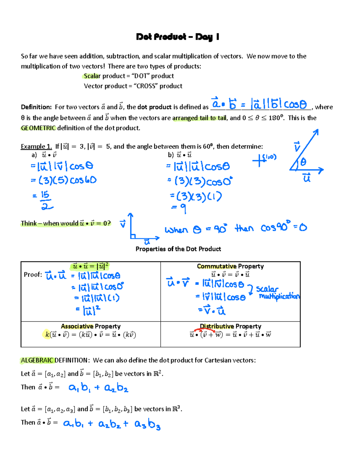 2.4 Dot Product Lesson 1 Solutions - Dot Product ± Day 1 So far we have ...