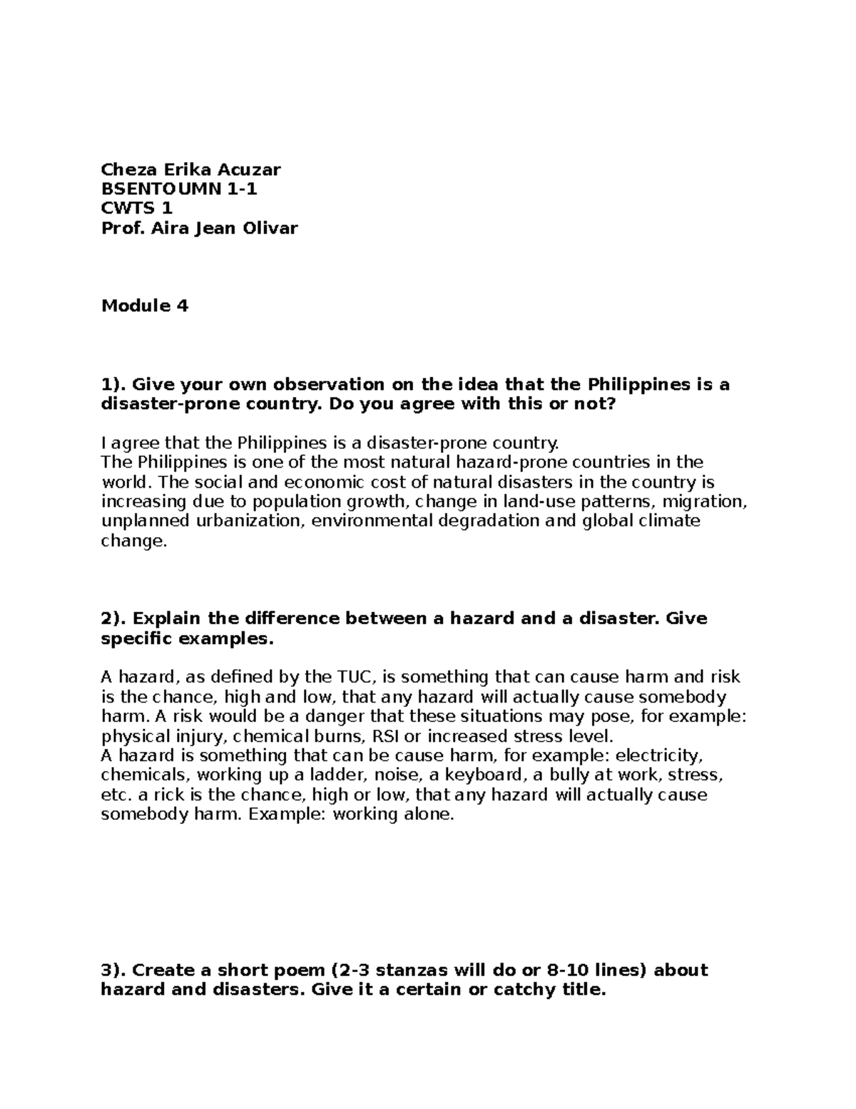 CWTS Activity for CWTS - Cheza Erika Acuzar BSENTOUMN 1- CWTS 1 Prof ...