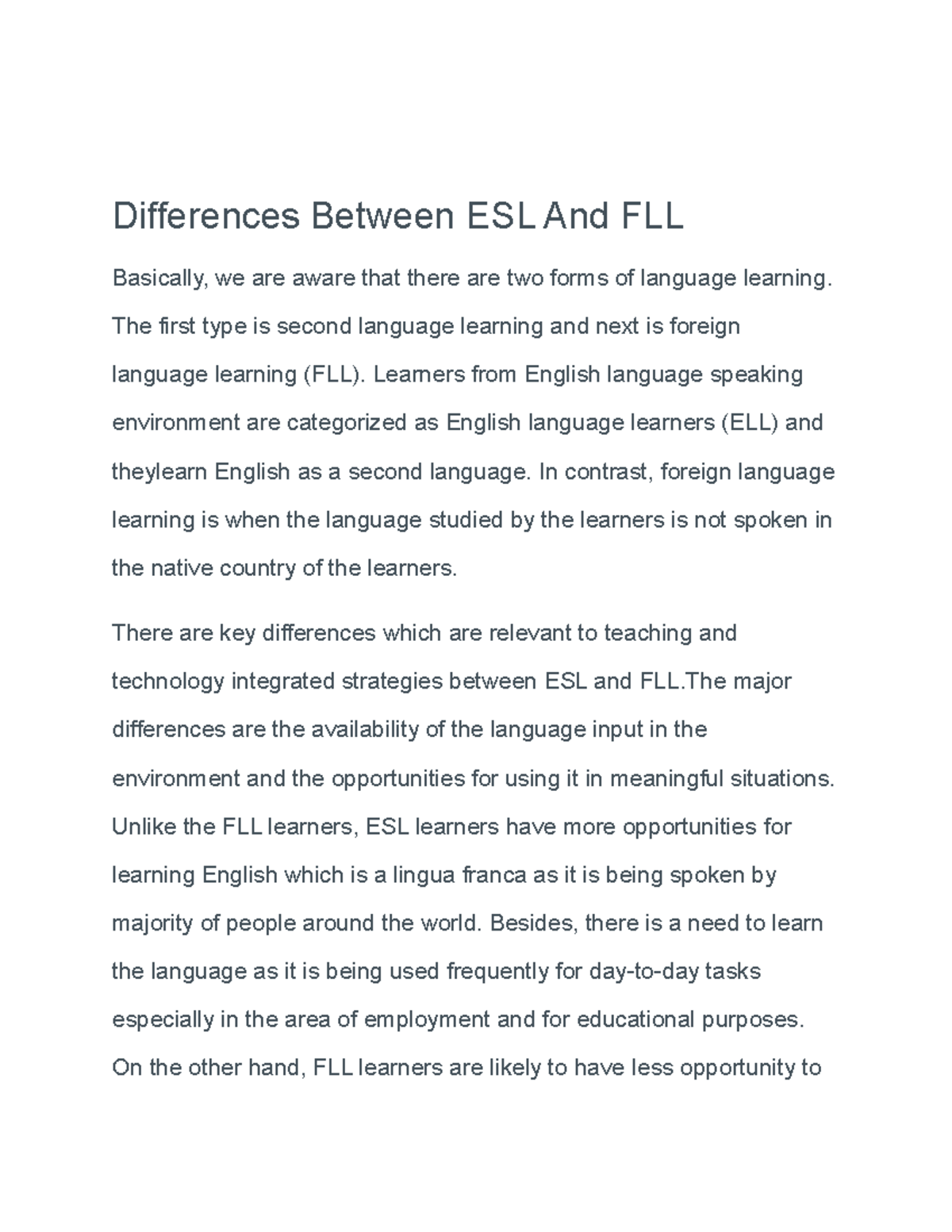 Differences Between ESL And FLL - Differences Between ESL And FLL ...
