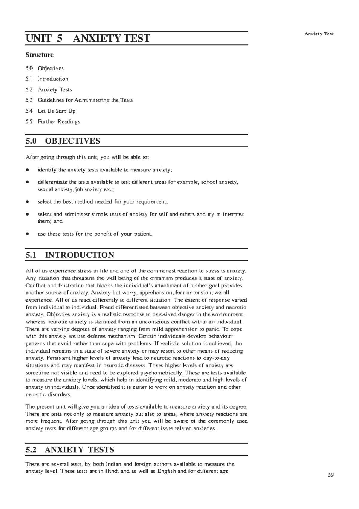 Unit 5 Unit 5 Anxiety Test By Sinha Anxiety Test UNIT 5 ANXIETY