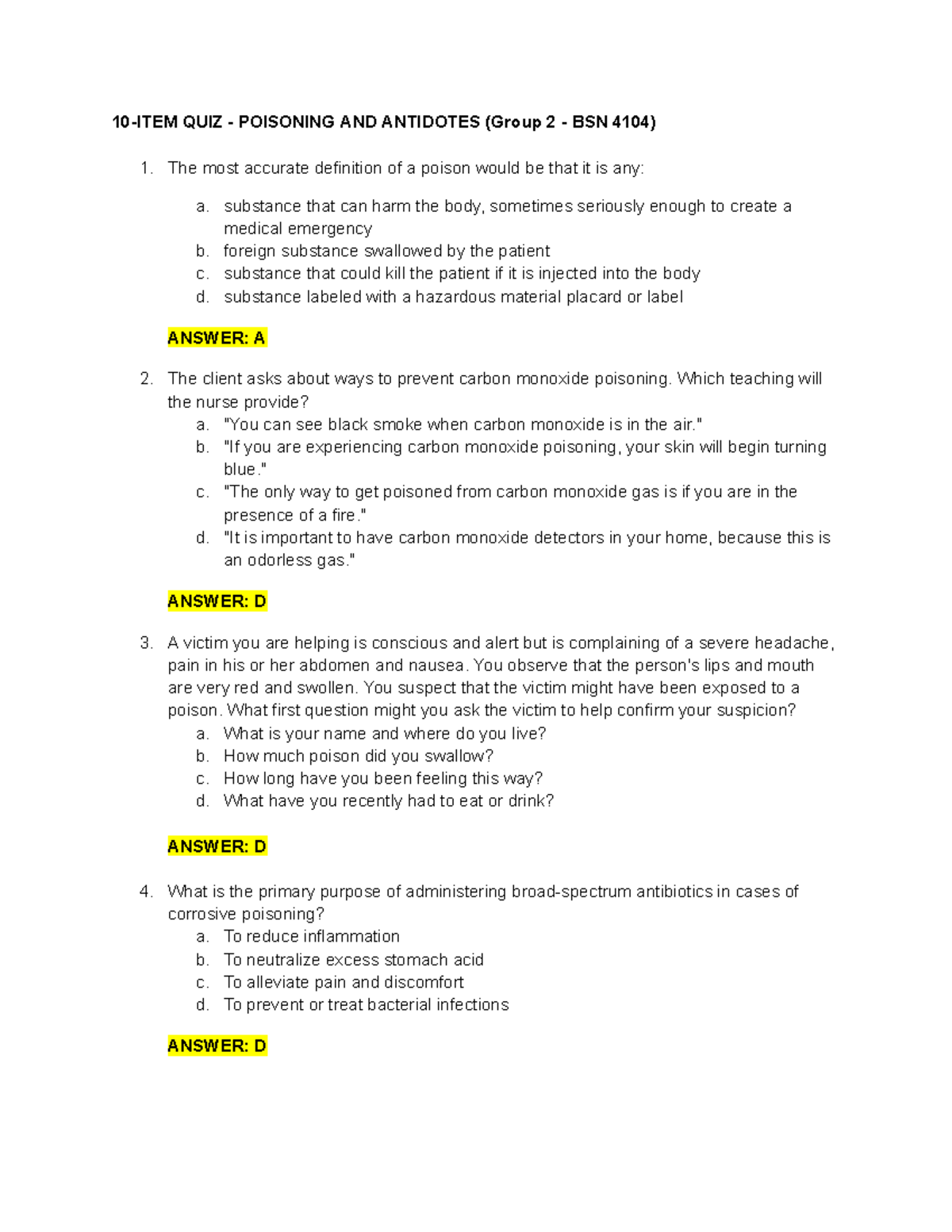 Poisoning and Antidotes Questions - 10-ITEM QUIZ - POISONING AND ...