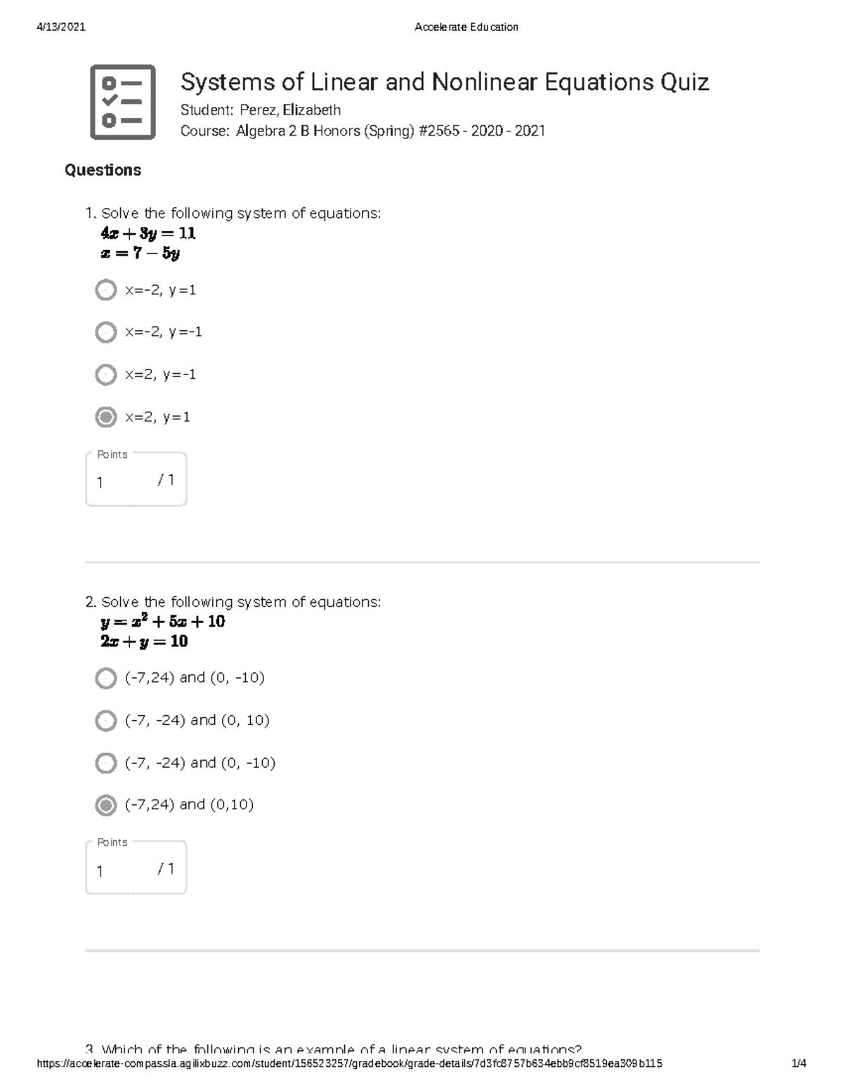 Systems of Linear and Nonlinear Equations Quiz - Systems of Linear and ...