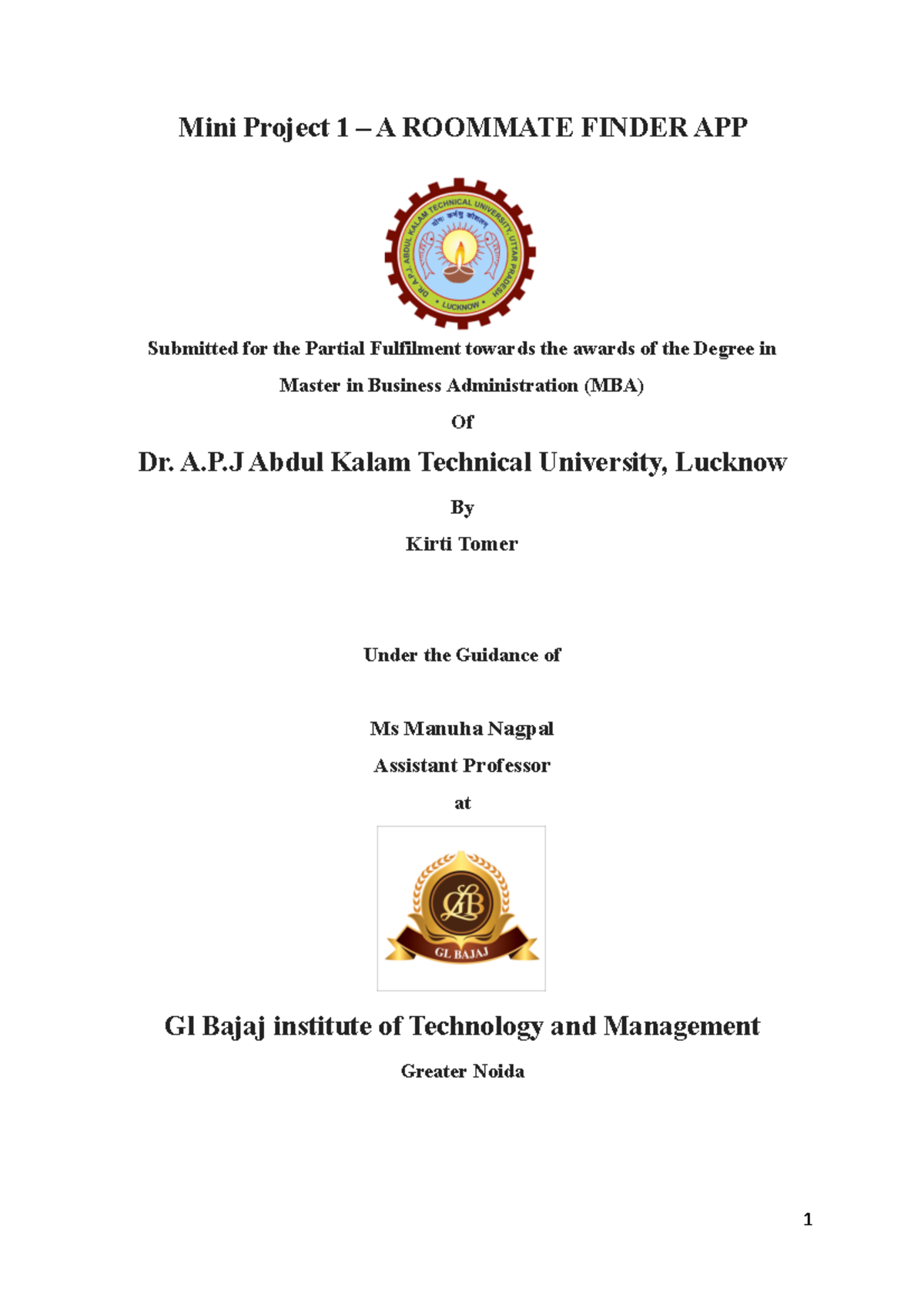 project report for mba - Mini Project 1 – A ROOMMATE FINDER APP ...