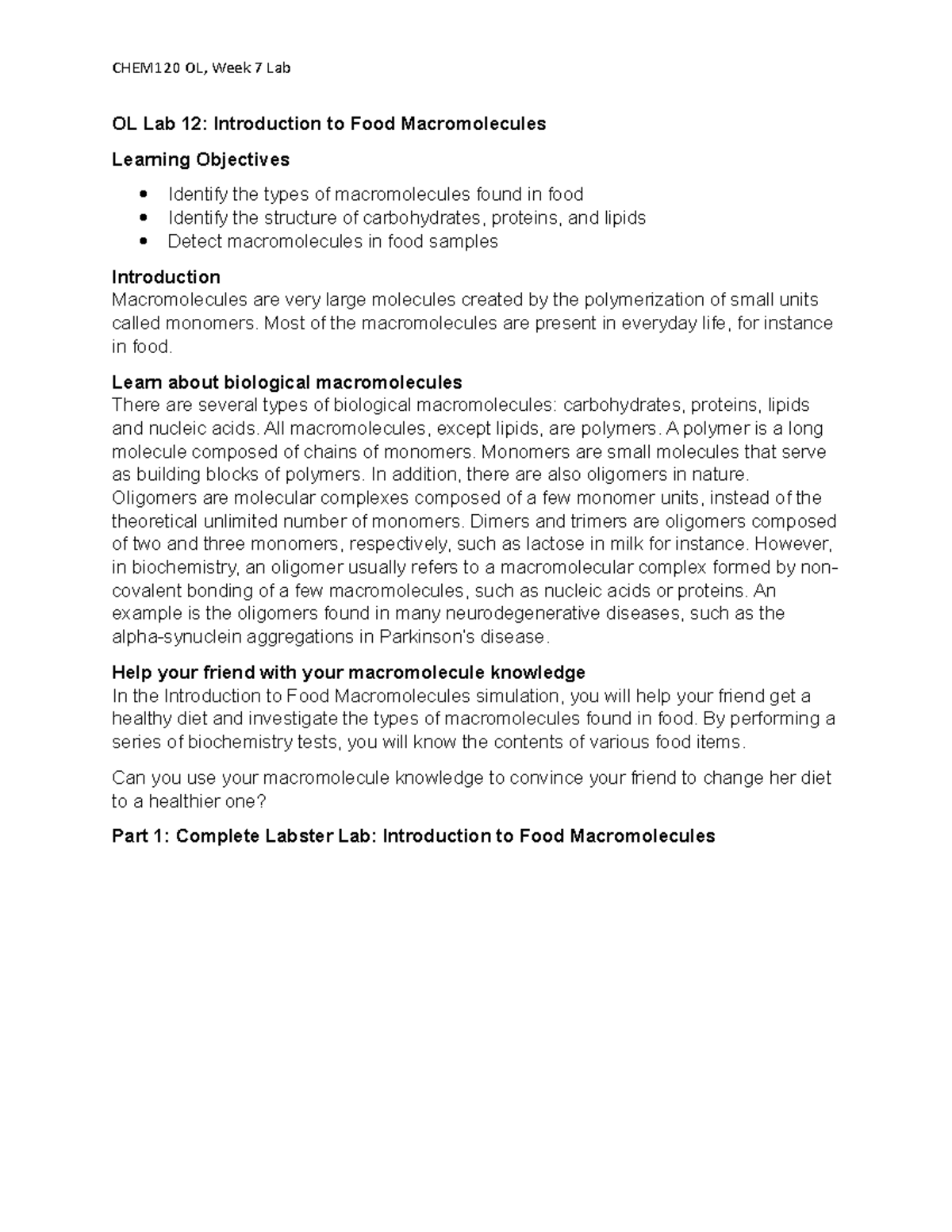OL Lab 12-Introduction to Food Macromolecules - OL Lab 12: Introduction ...
