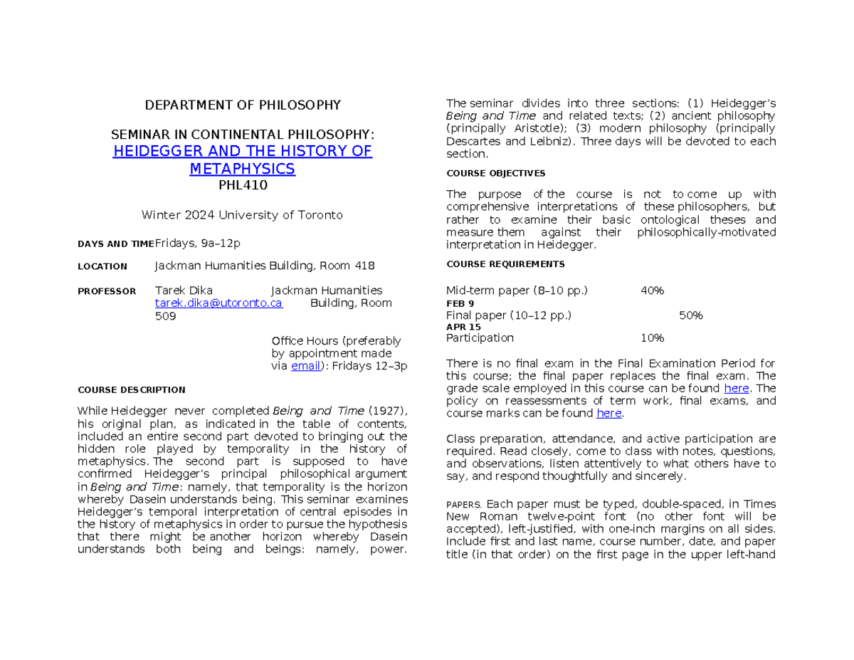 PHL410 - Syllabus - DEPARTMENT OF PHILOSOPHY SEMINAR IN CONTINENTAL ...
