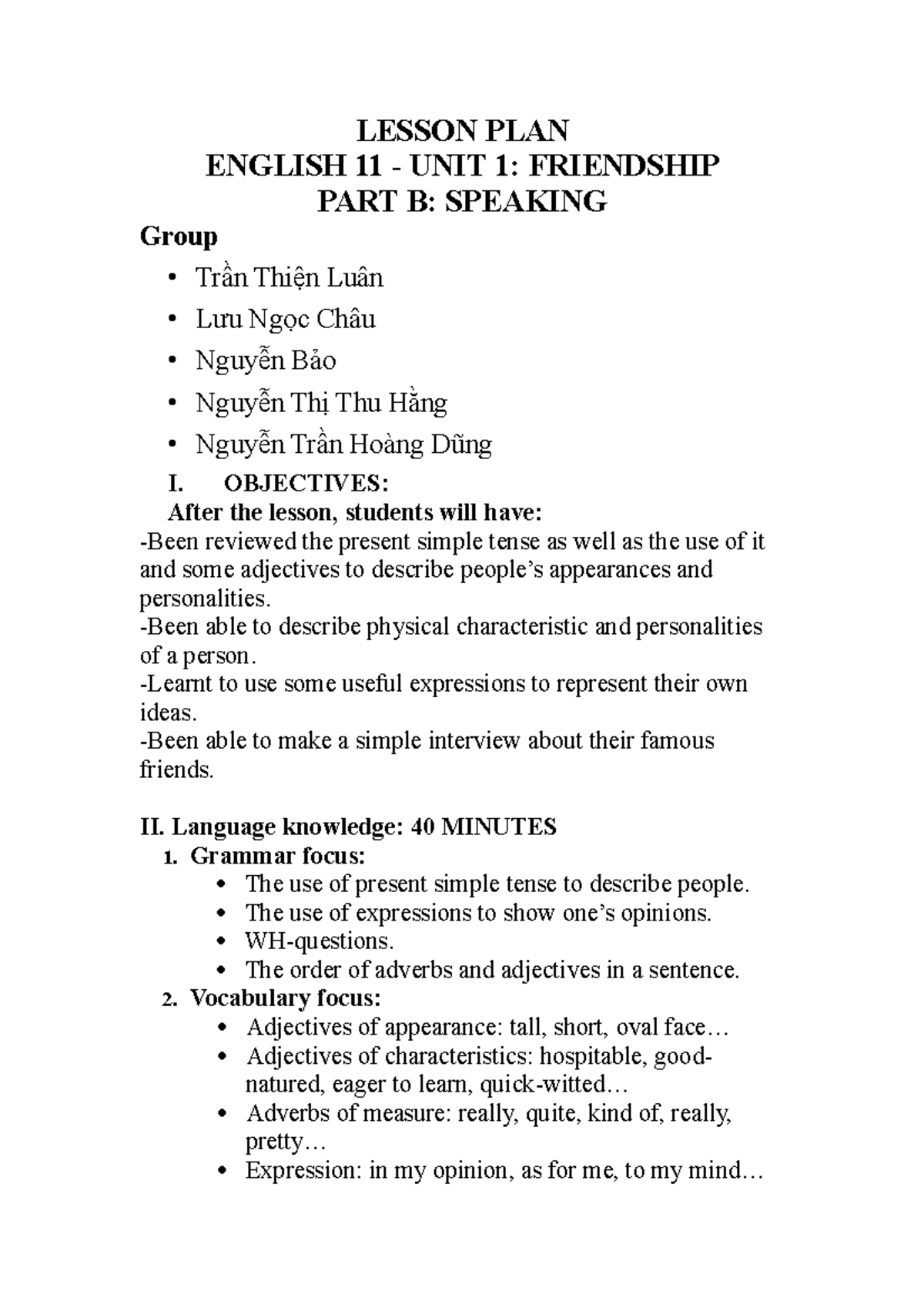 English 11 Unit 01 Lesson Plan Speaking LESSON PLAN ENGLISH 11