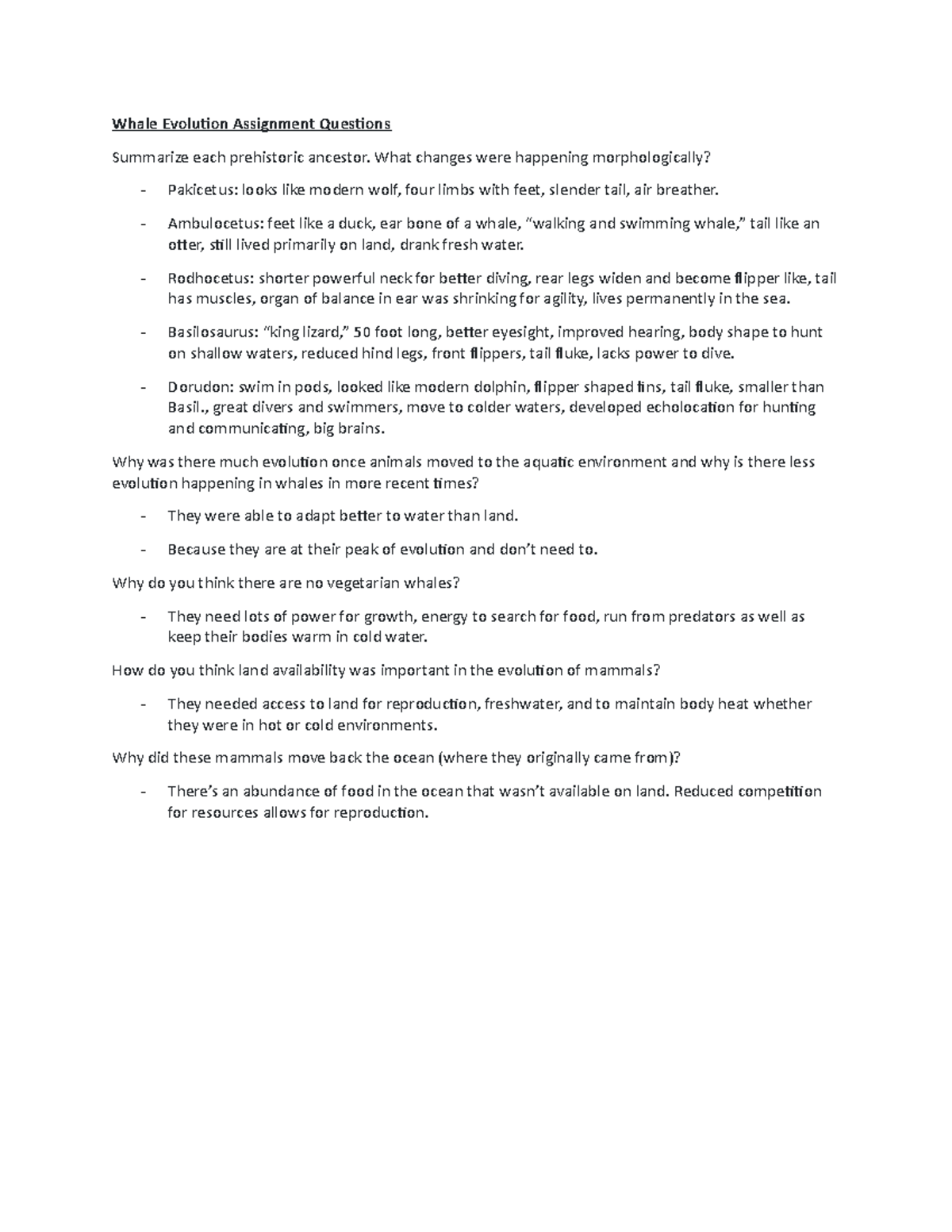 Whale Evolution Assignment - What changes were happening ...