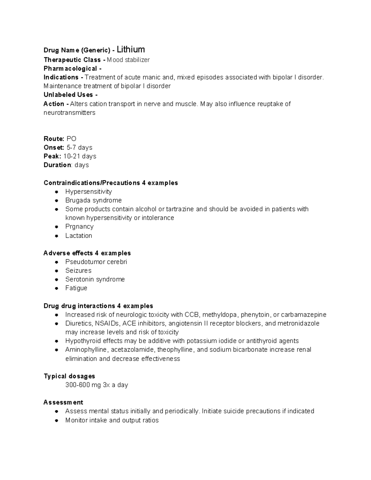 Bipolar Meds - drug chart - Drug Name (Generic) - Lithium Therapeutic ...