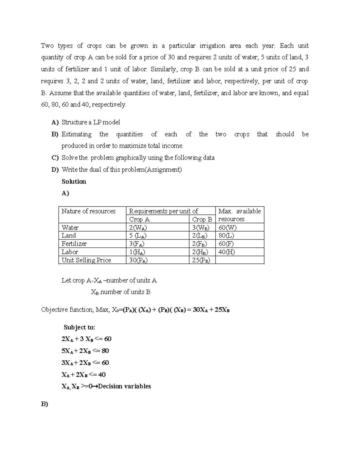 Wrpm - Assignment - Two types of crops can be grown in a particular ...