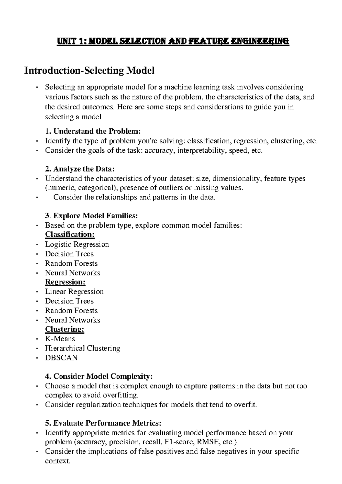 UNIT 1 Notes - AAM subject unit 1 - UNIT 1: MODEL SELECTION AND FEATURE ...