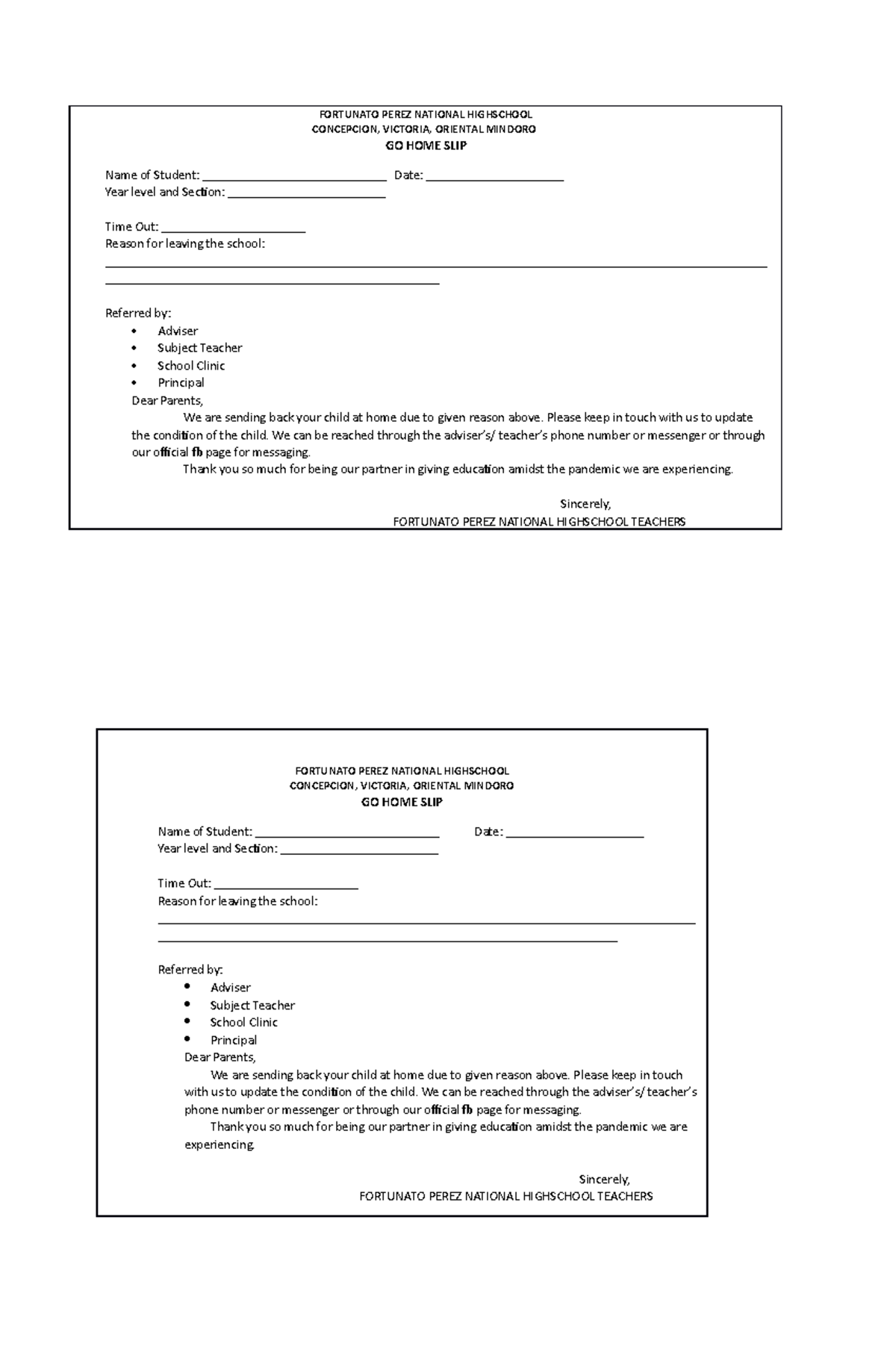 GO HOME SLIP - Go home slip - FORTUNATO PEREZ NATIONAL HIGHSCHOOL ...