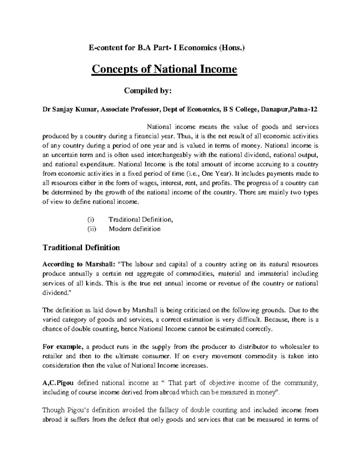 Concepts of National Income - E-content for B Part- I Economics (Hons ...