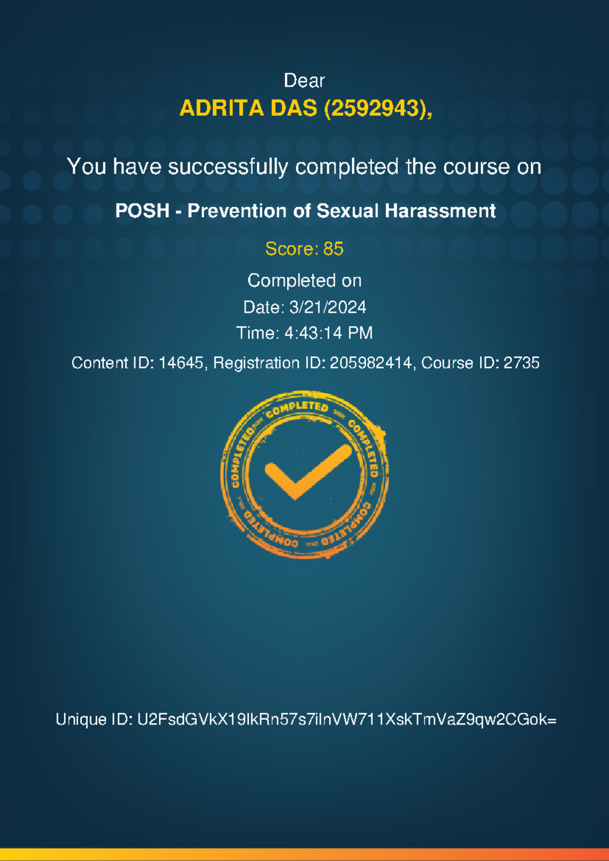 2592943 POSH - Prevention of Sexual Harassment Completion Certificate ...