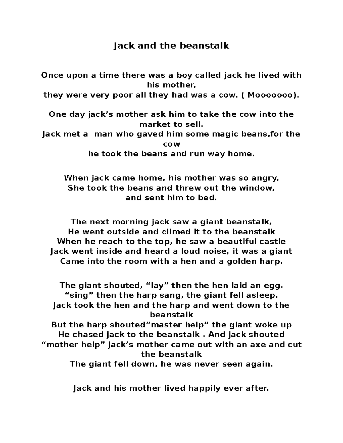 Fritz - Essays - Jack and the beanstalk Once upon a time there was a ...