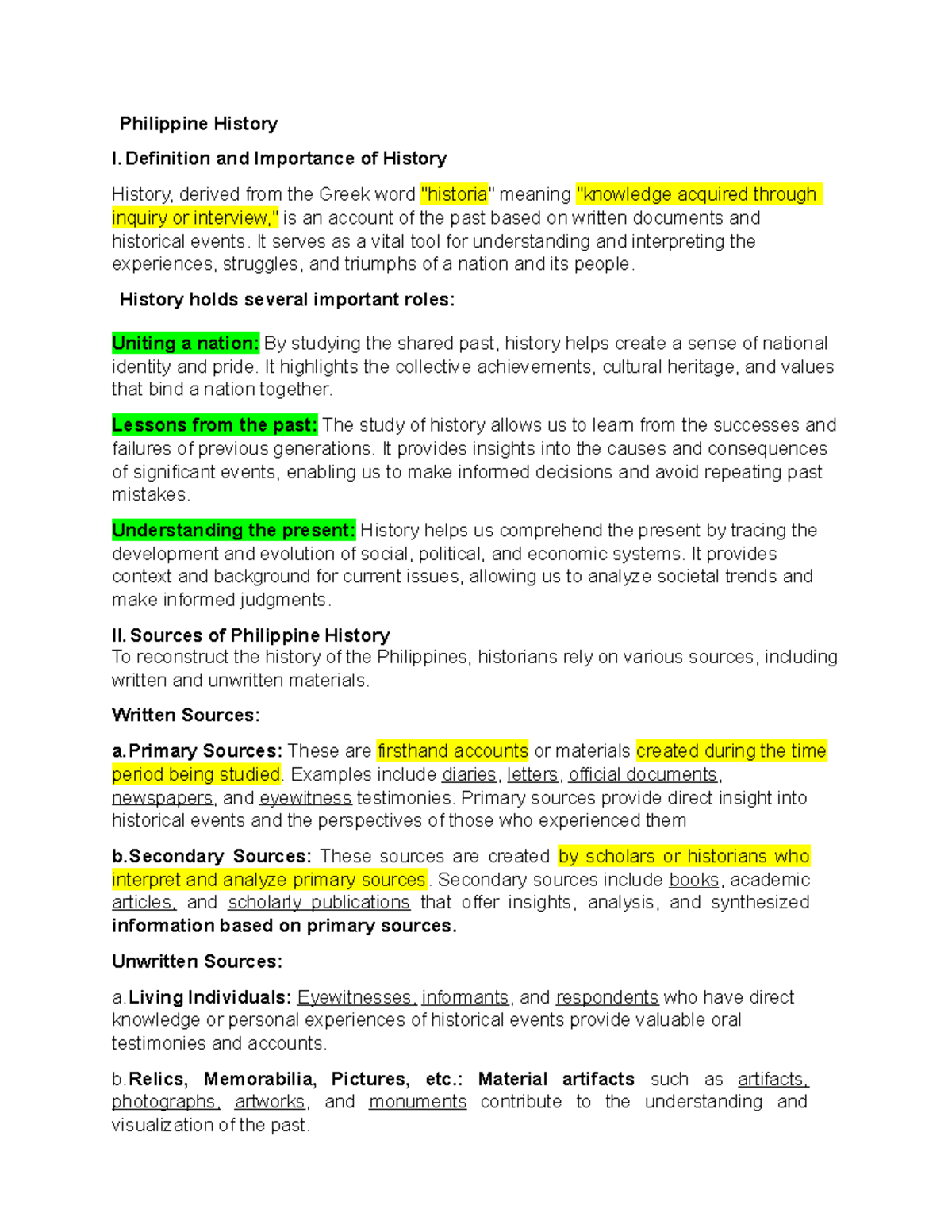 Readings IN Philippine History 1 - Philippine History I. Definition and ...