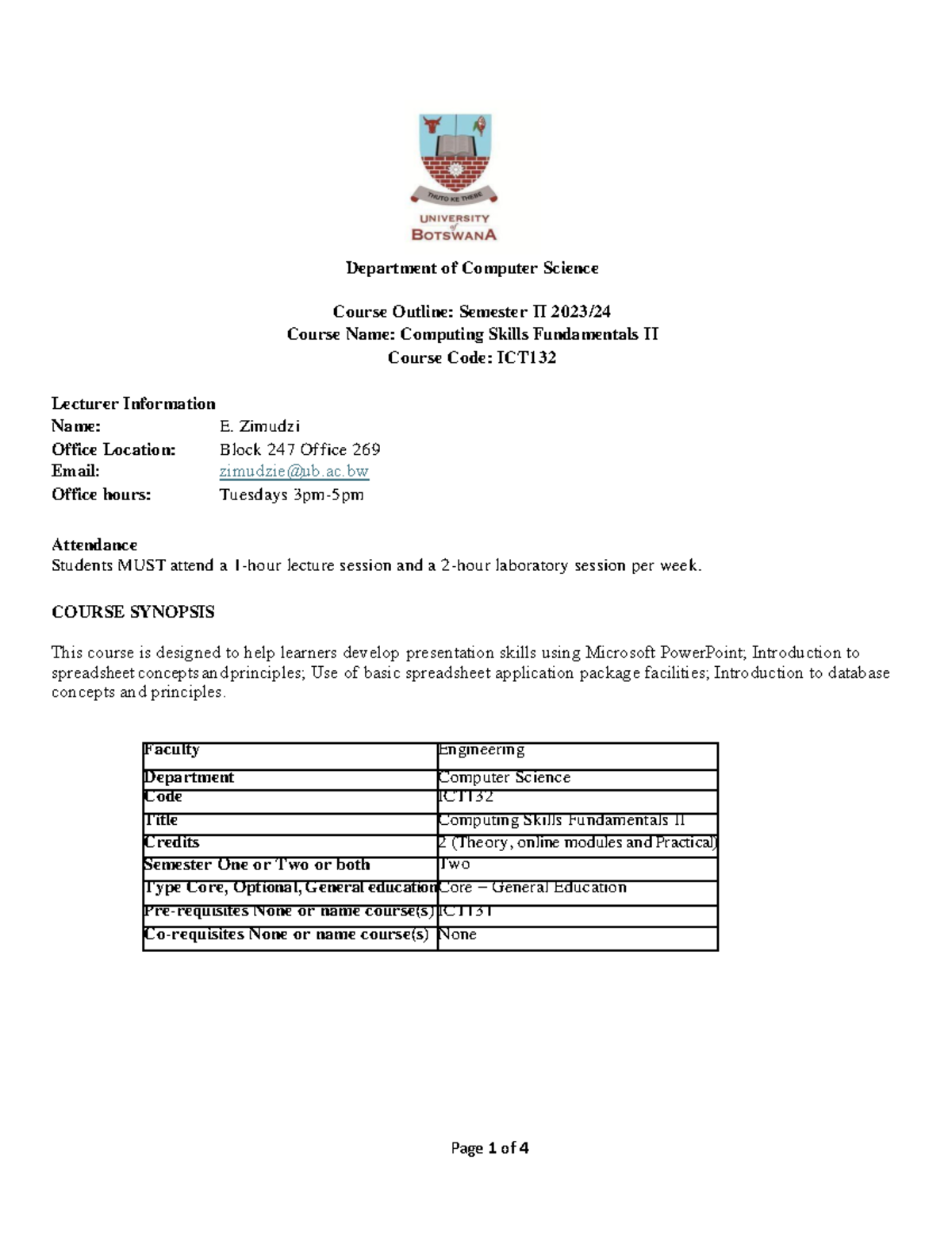 ICT132 Course Outline 2023-24 - Department of Computer Science Course ...