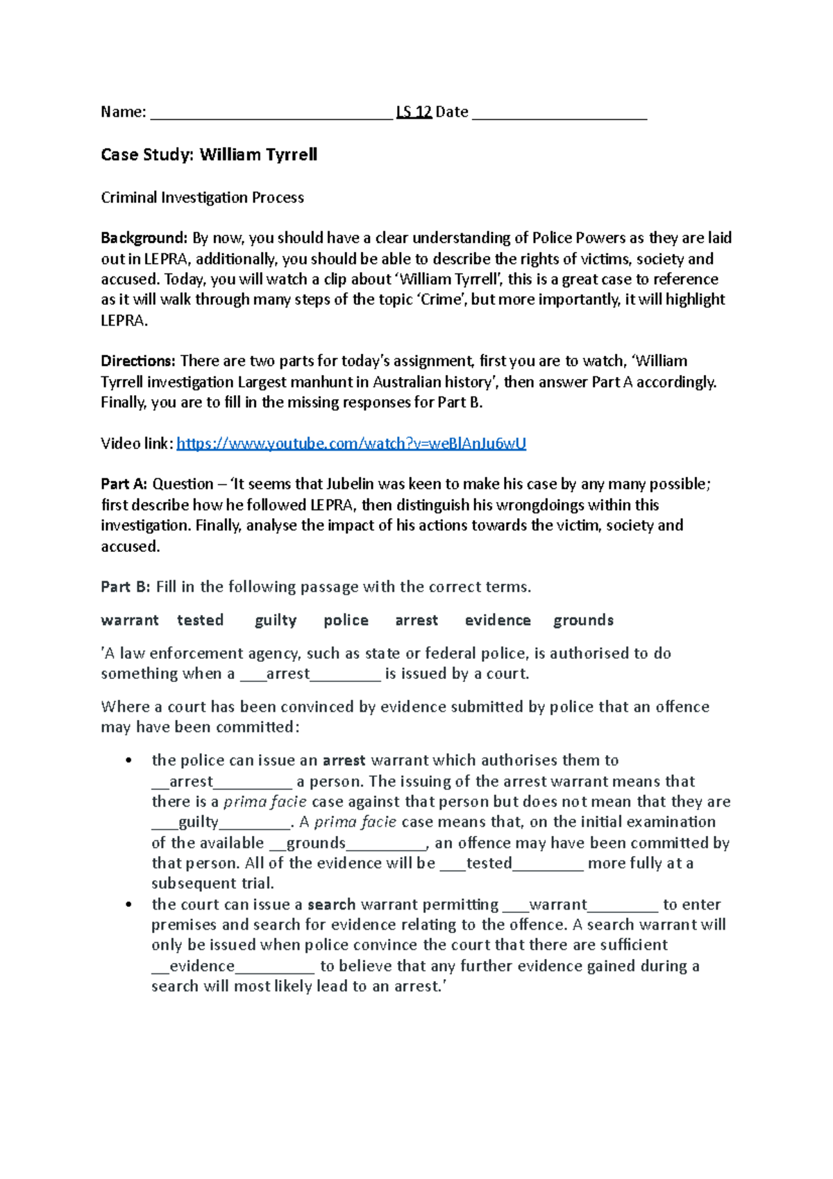 Case Study William Tyrrell - Name: _____________________________ LS 12 Date ...