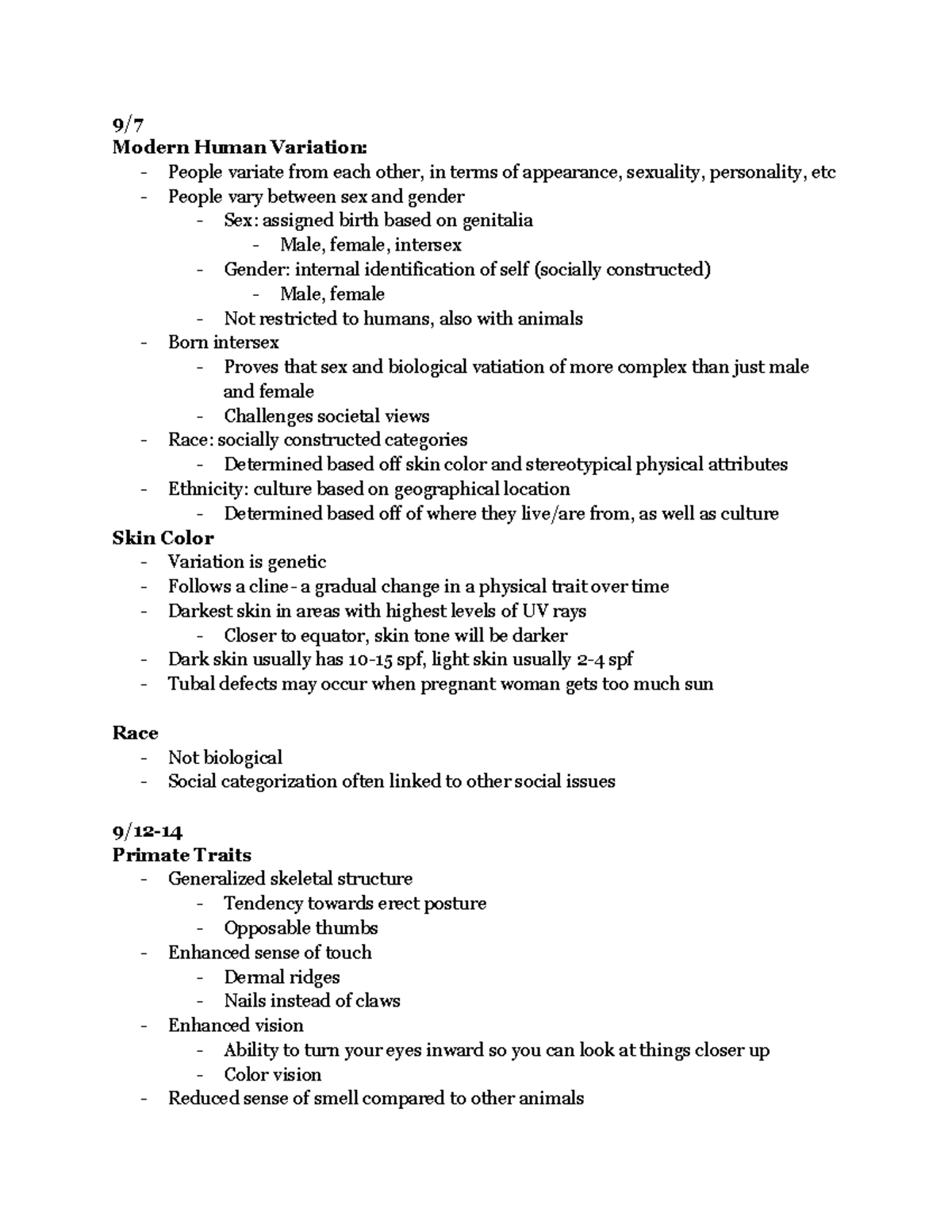 Anthropology Lecture notes 3 - 9/ Modern Human Variation: - People ...