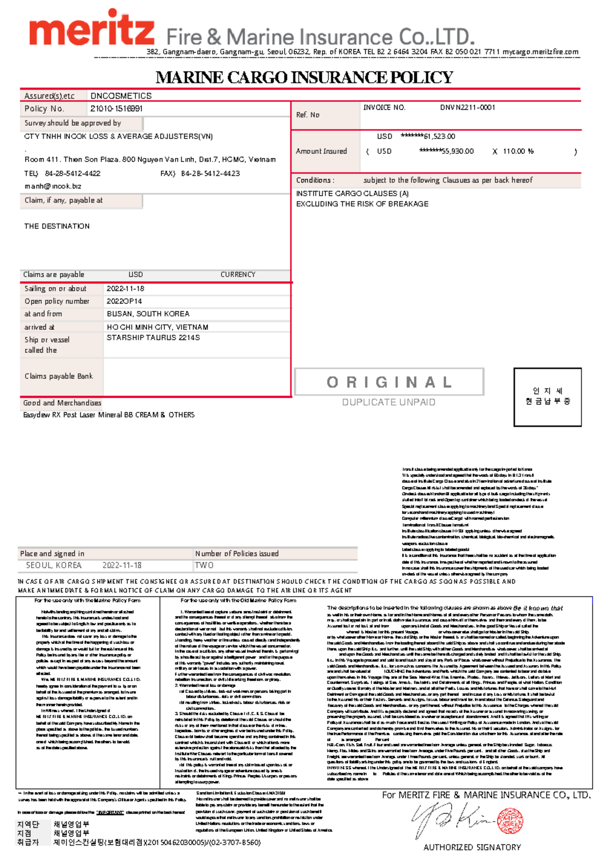 Insurance certificate - Transit clause being amended applicable only ...