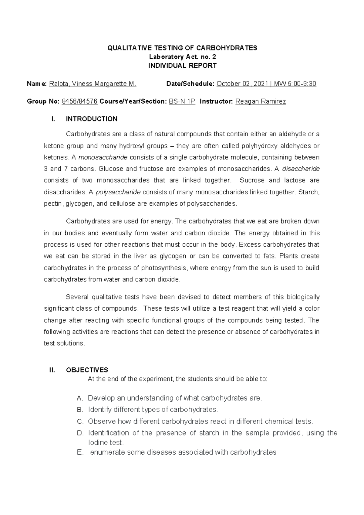 Group F Ralota-Lab Activity no.2 Carbohydrates Individual Report ...
