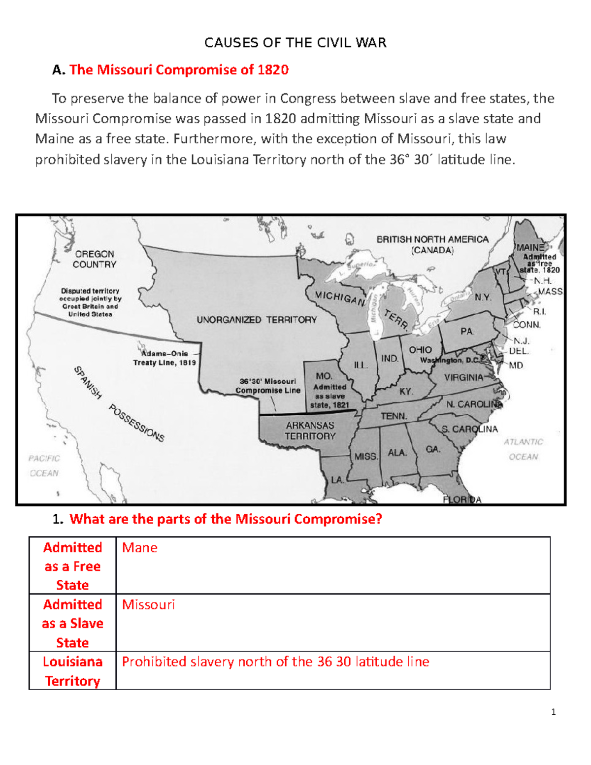 Civil War Packet - ssssss - CAUSES OF THE CIVIL WAR A. The Missouri ...