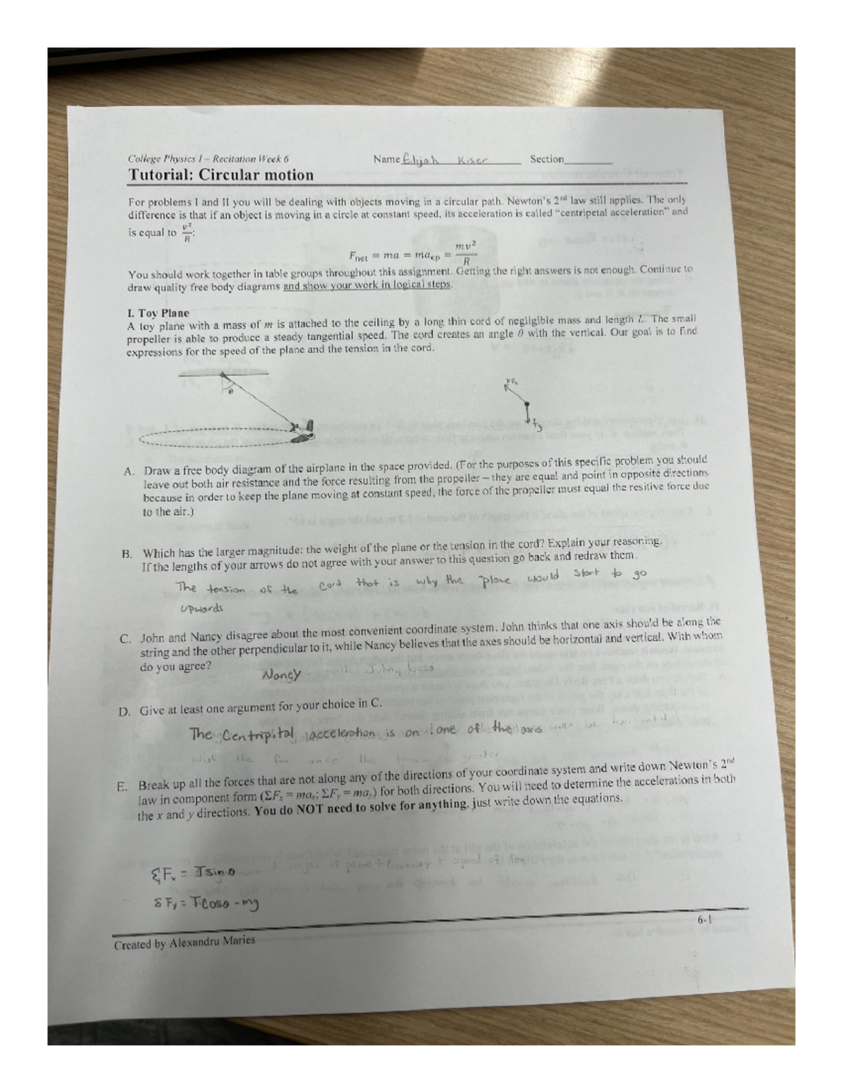 Recitation week 6 Pg 1 - College Physics Recitation Week 6 Name Elijah ...