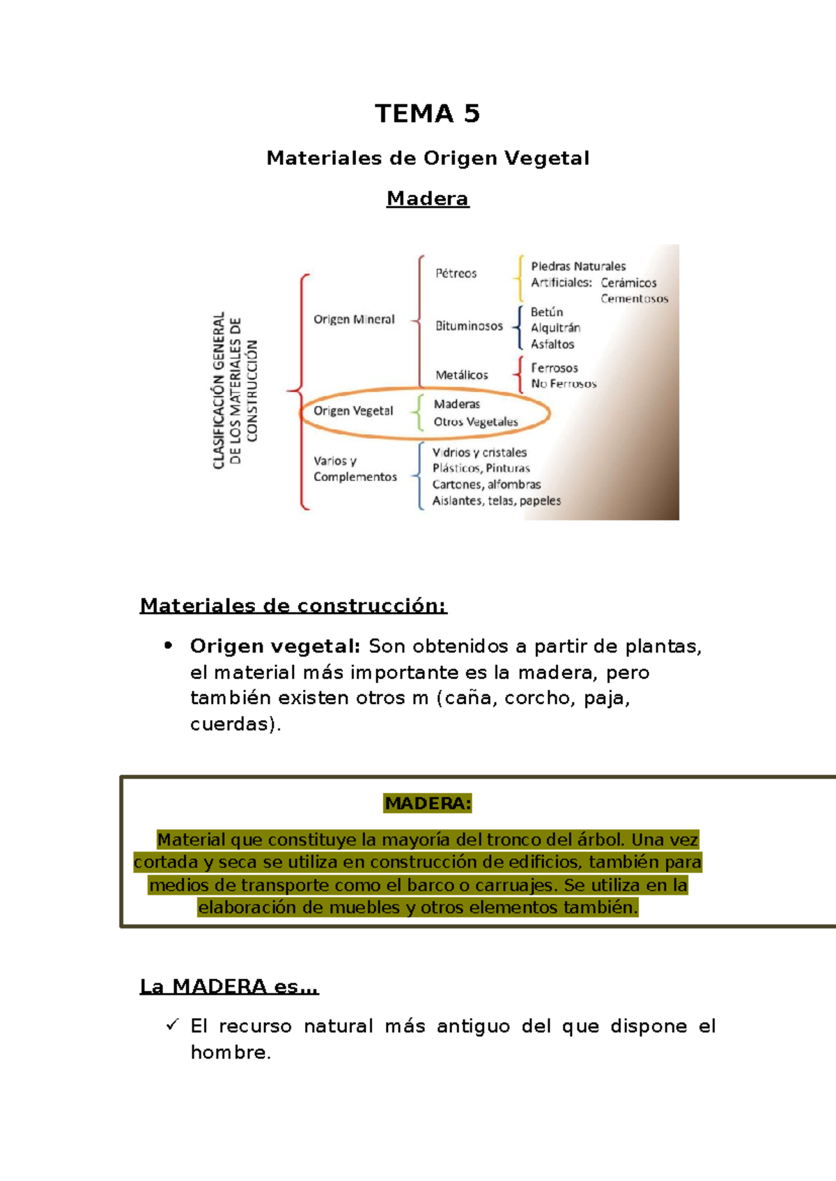 Resumen TEMA 5 Madera Tecno de los materiales - TEMA 5 Materiales de Origen Vegetal Madera - Studocu