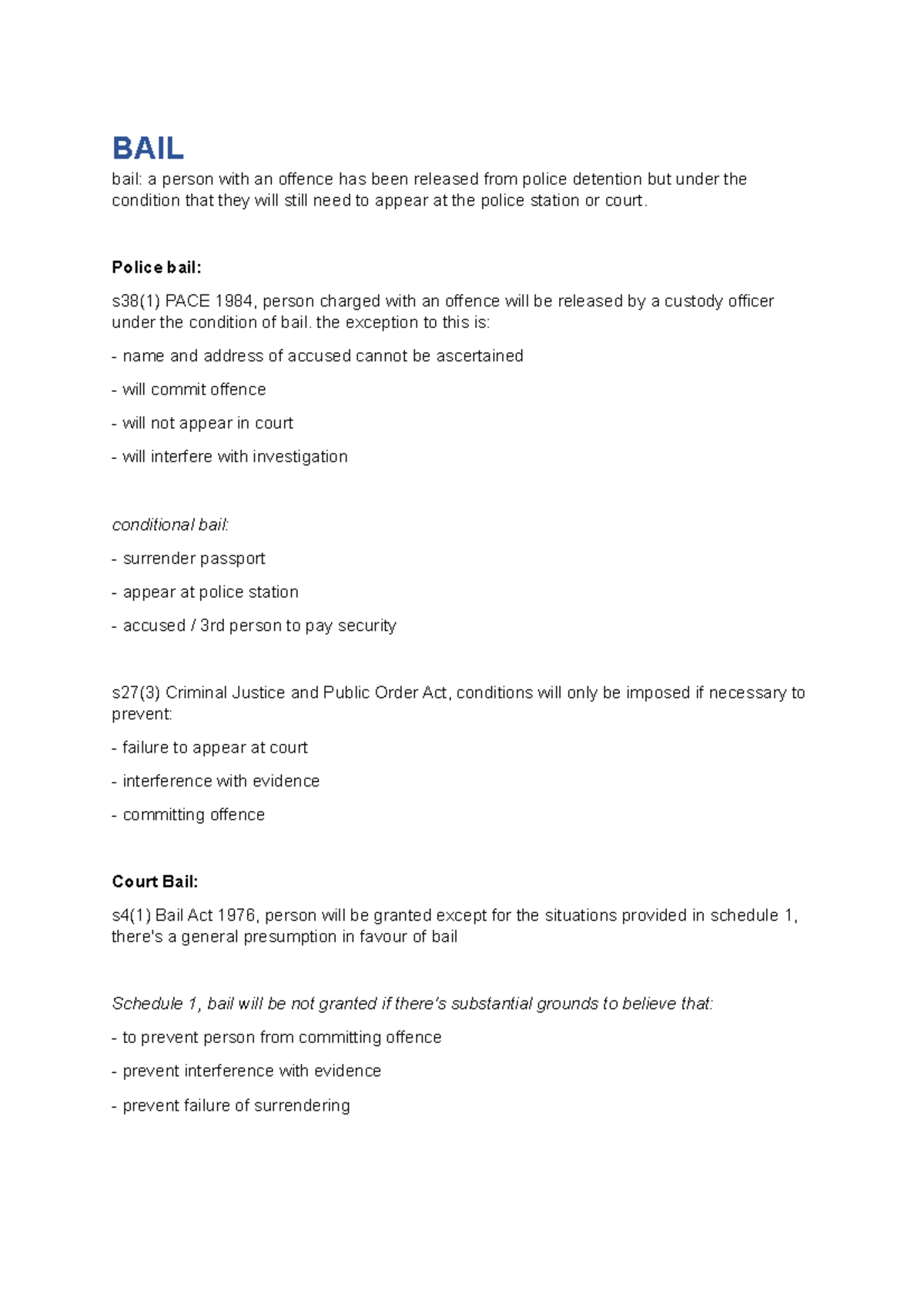 BAIL - My own summarised notes I typed out for Bail before my class ...