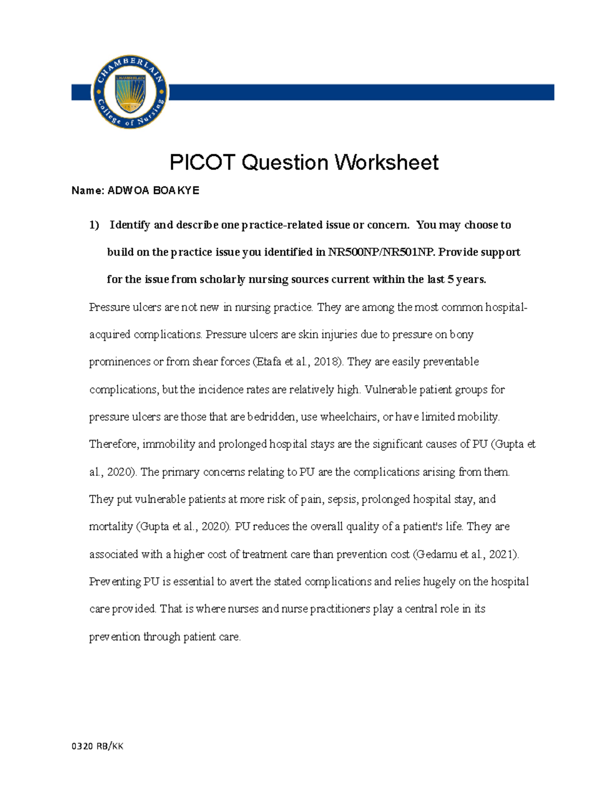 NR505NP Picot Question Worksheet 051220 - PICOT Question Worksheet Name ...