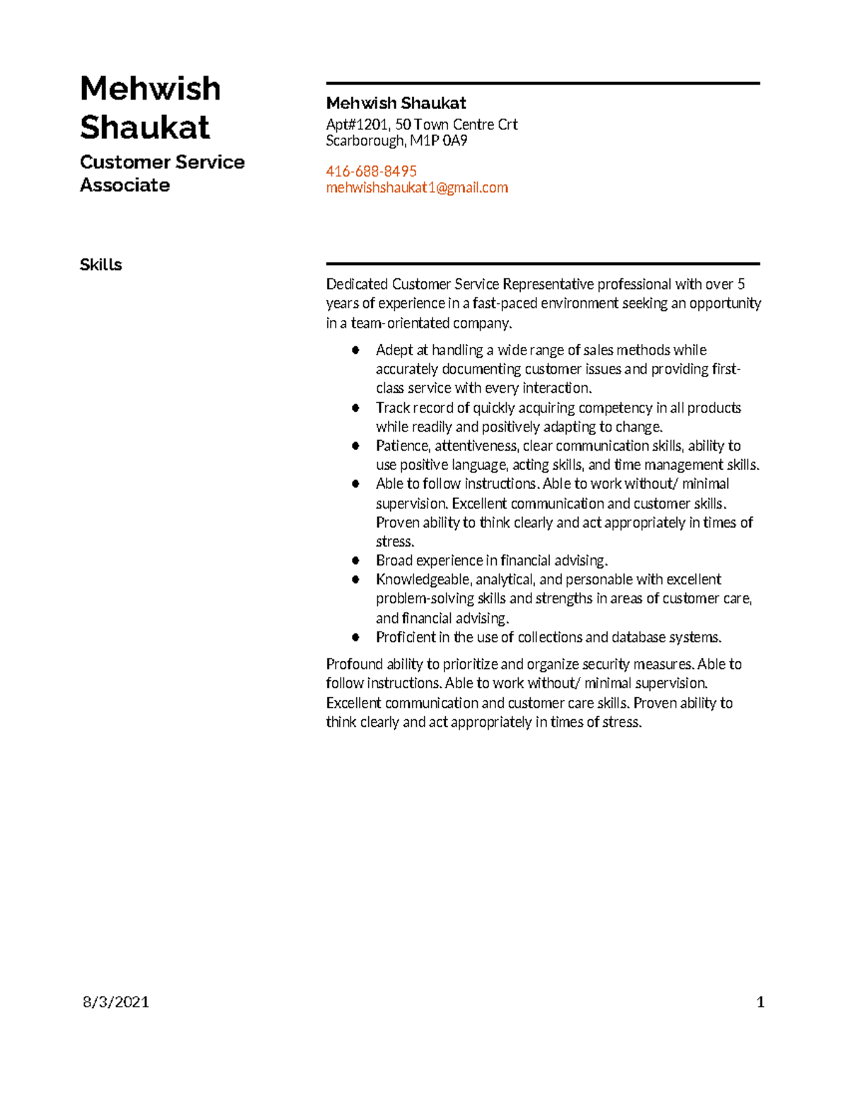 Resume Updated Mehwish S-2 - Mehwish Shaukat Customer Service Associate ...