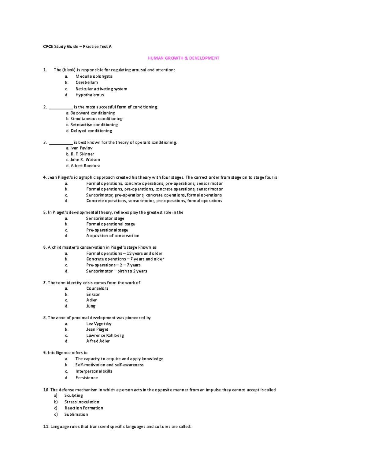 CPCE Study Guide Practice TEST - A - CPCE Study Guide – Practice Test A ...