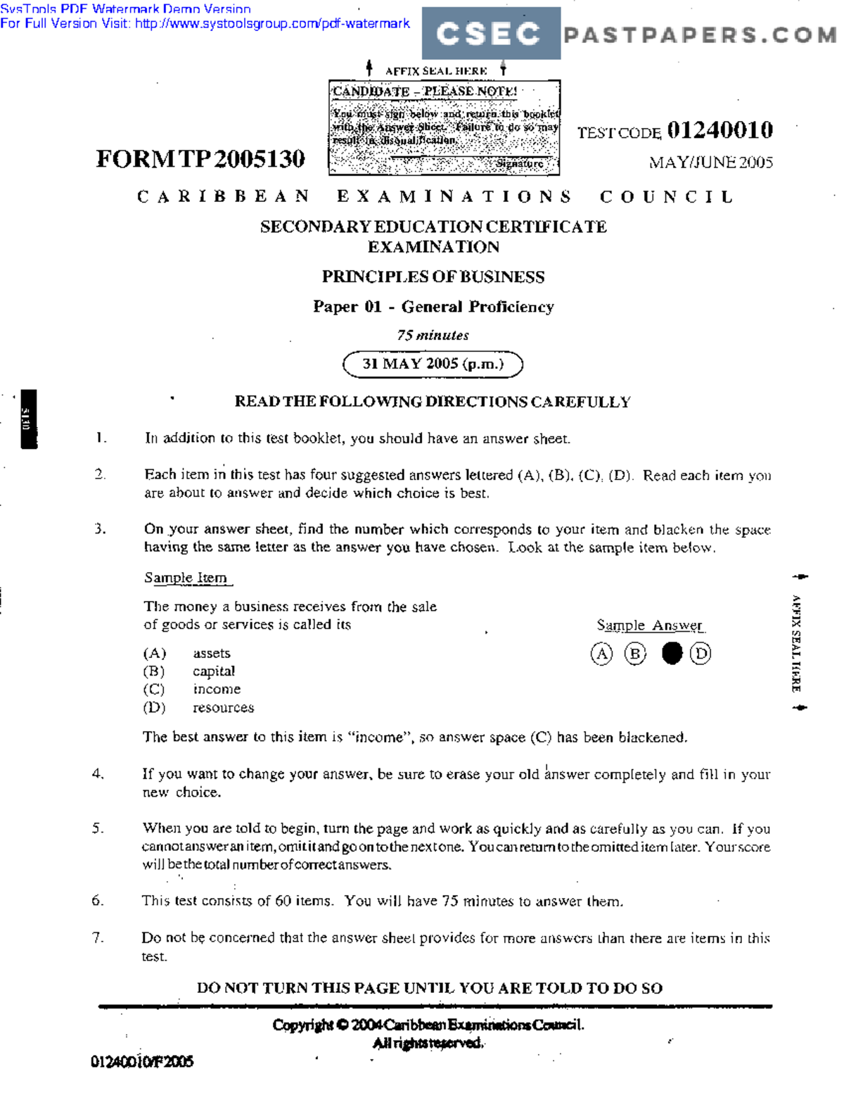 June 2005 p1 - cxc past papers - r. t AFFIX SEAL HERE t CANPIDATE ...