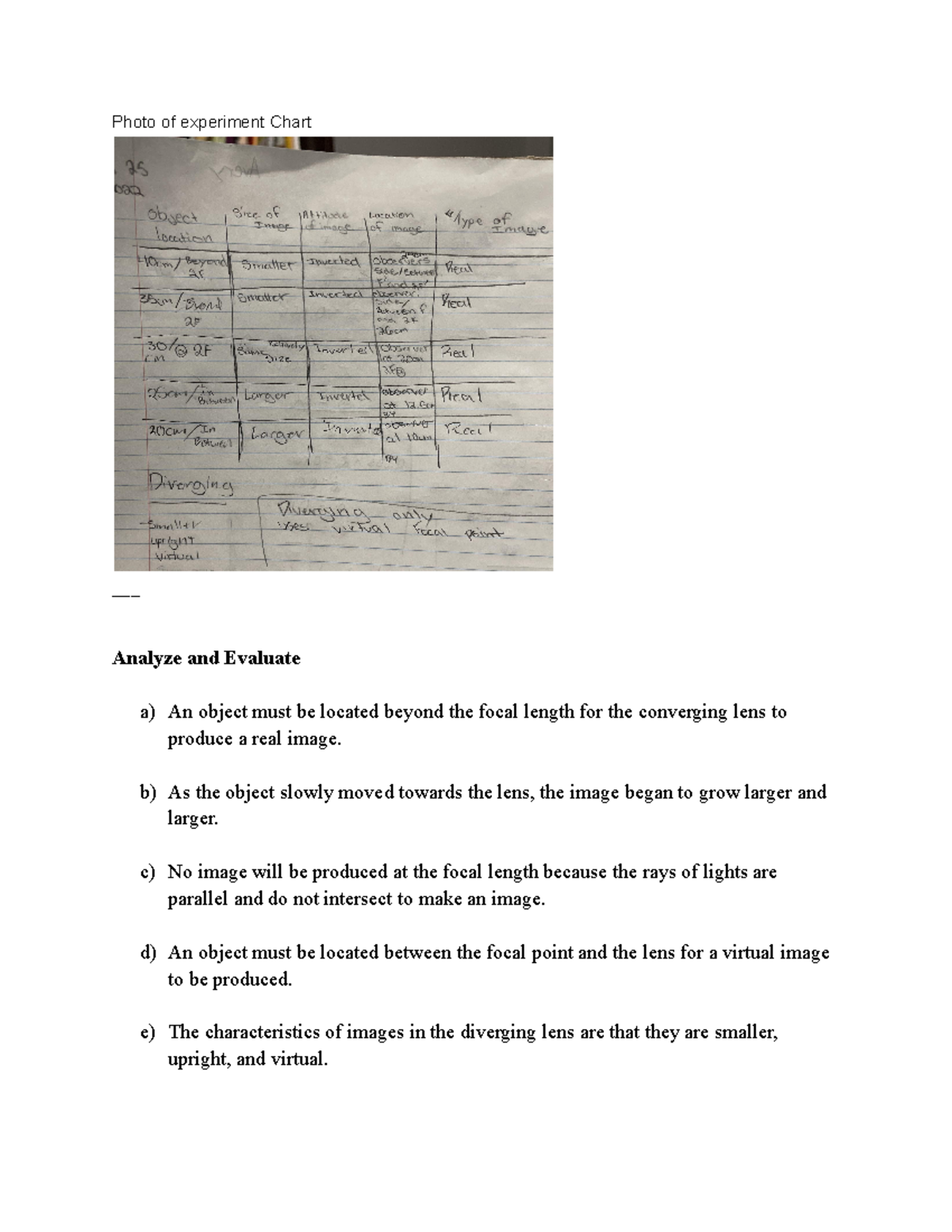 Optics Culminating- Avery - Photo of experiment Chart Analyze and ...