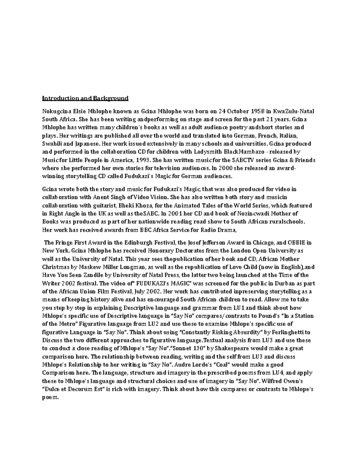English essay - Introduction and Background Nokugcina Elsie Mhlophe ...