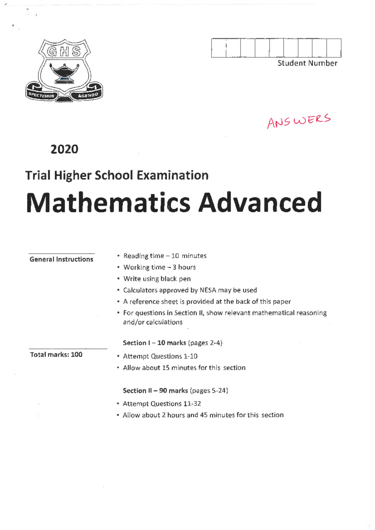 2020 Gosford High School - S2 - Trial - Solutions - I I I I I I I I I I ...