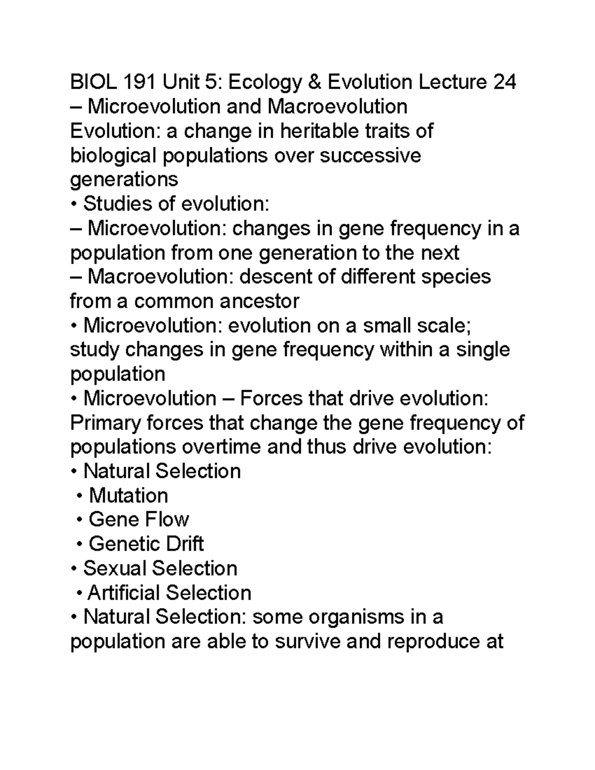 Micro/macroevolution - BIOL 191 Unit 5: Ecology & Evolution Lecture 24 ...