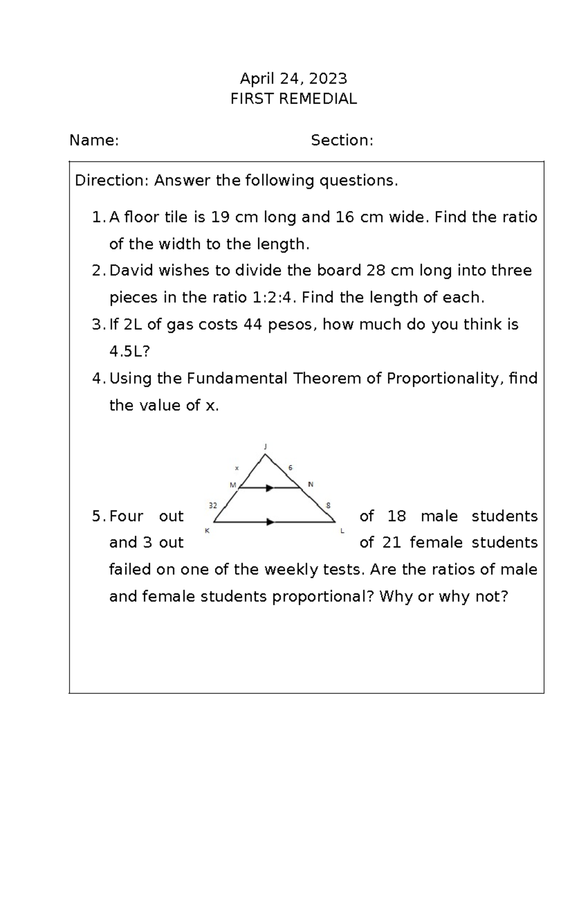 Remedial - FIRST REMEDIAL Name: Section: Direction: Answer the ...