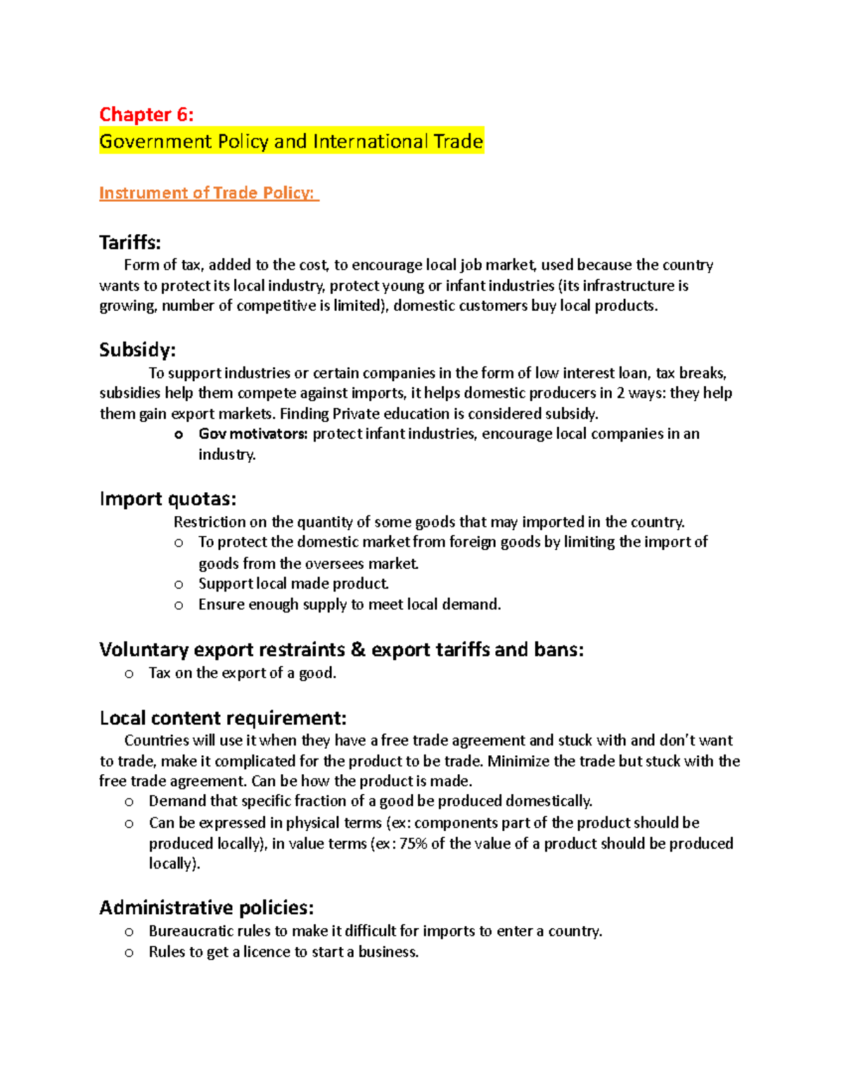Class Notes 211 - Chapter 6: Government Policy and International Trade ...