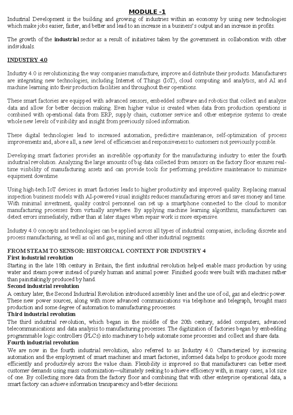 Notes Module 1 - MODULE - Industrial Development is the building and ...