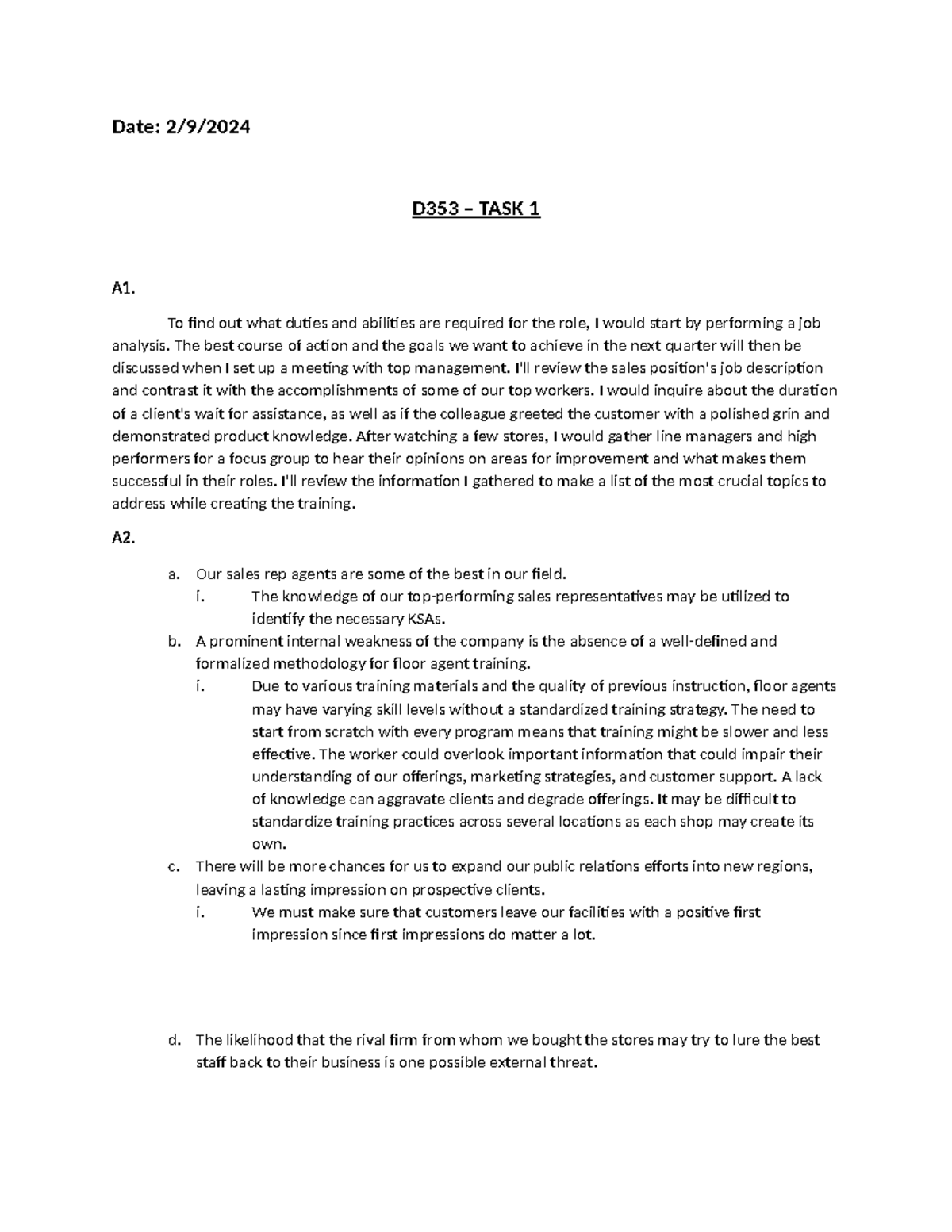 D353 Task 1 - D353 Task 1. - Date: 2/9/ D353 – TASK 1 A1. To find out ...