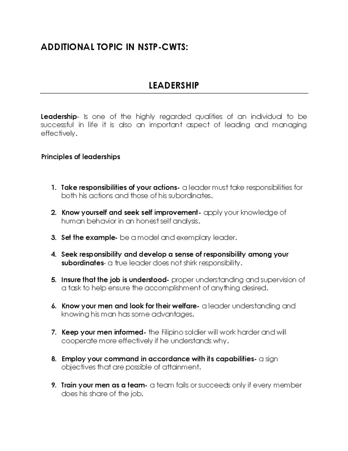Leadership - This notes are here to help students who are currently ...